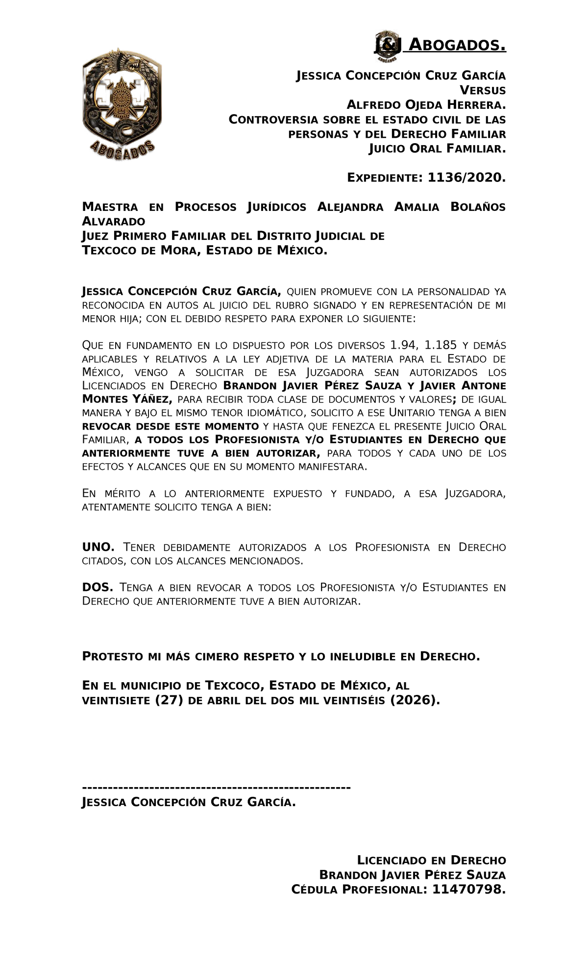 Autorización de Profesionales en Juicio Oral Familiar 1136/2020 - Studocu