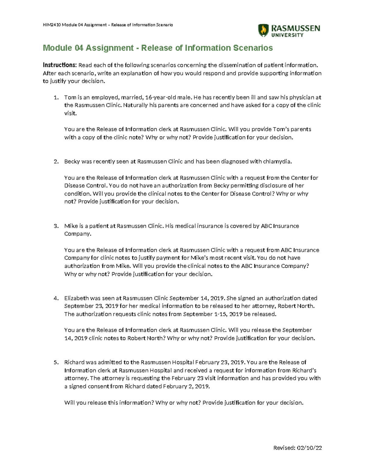 HIM2410 Module 04 Assignment - Scenarios on Release of Information ...