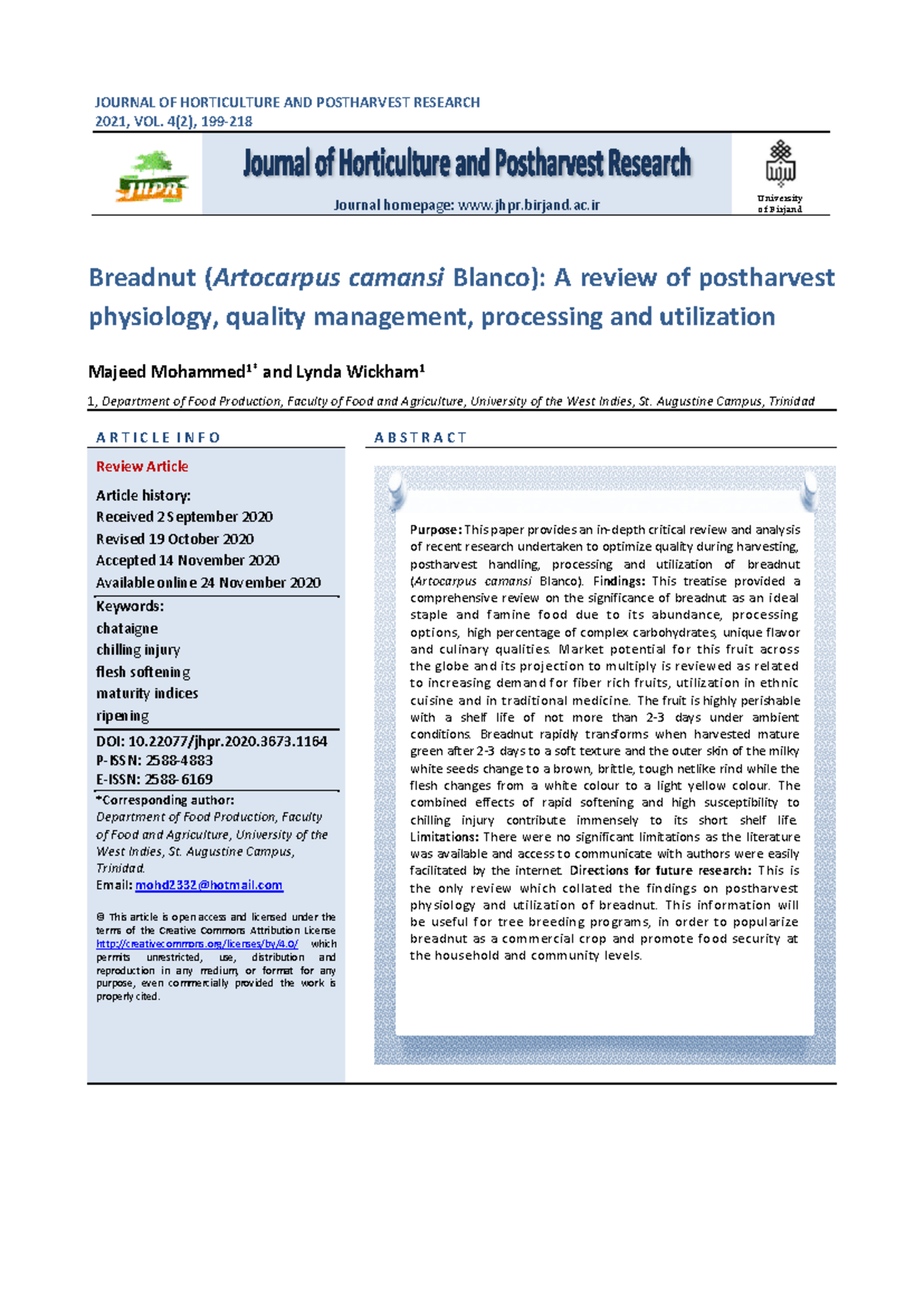 Review of Postharvest Physiology & Utilization of Breadnut (JHPR 4(2 ...