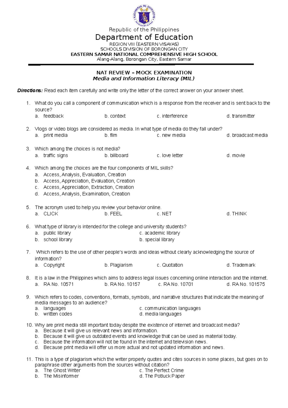 NAT-MOCK EXAM- Media-AND- Information- Literacy - Republic of the ...