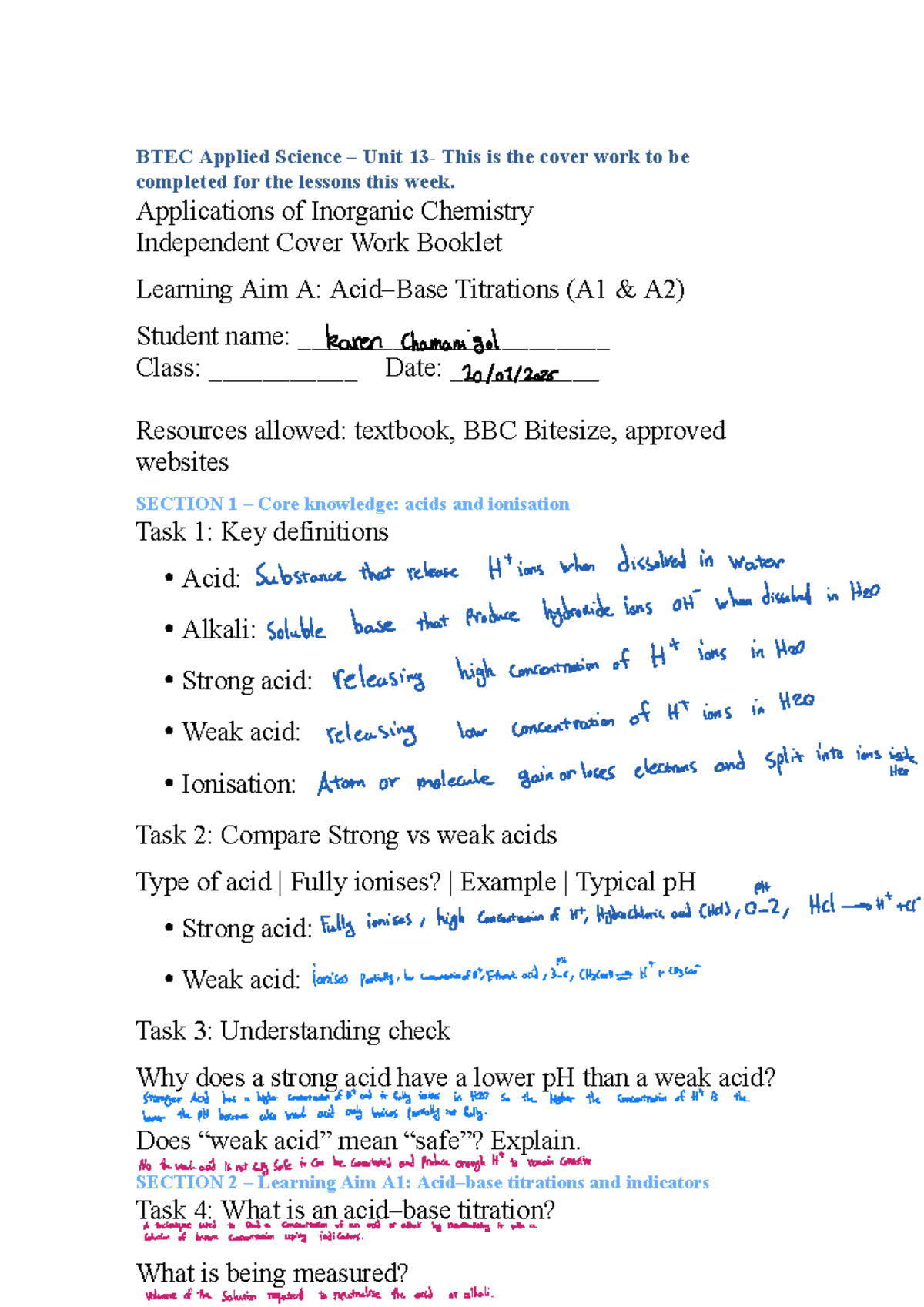 BTEC Applied Science Unit 13: Acid-Base Titrations Cover Work - Studocu