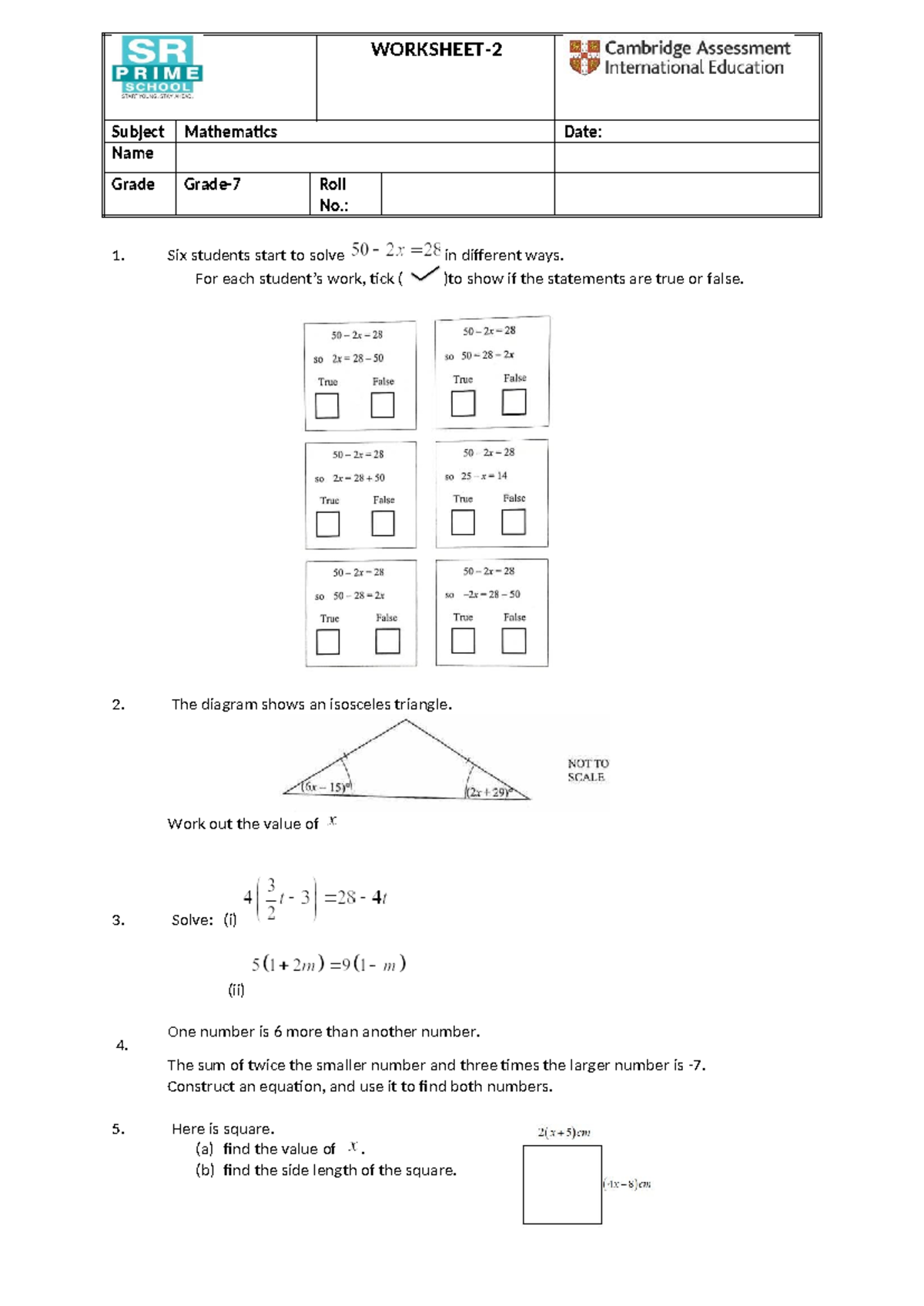 Grade 7 Mathematics Worksheet: True/False, Inequalities & Formulas ...