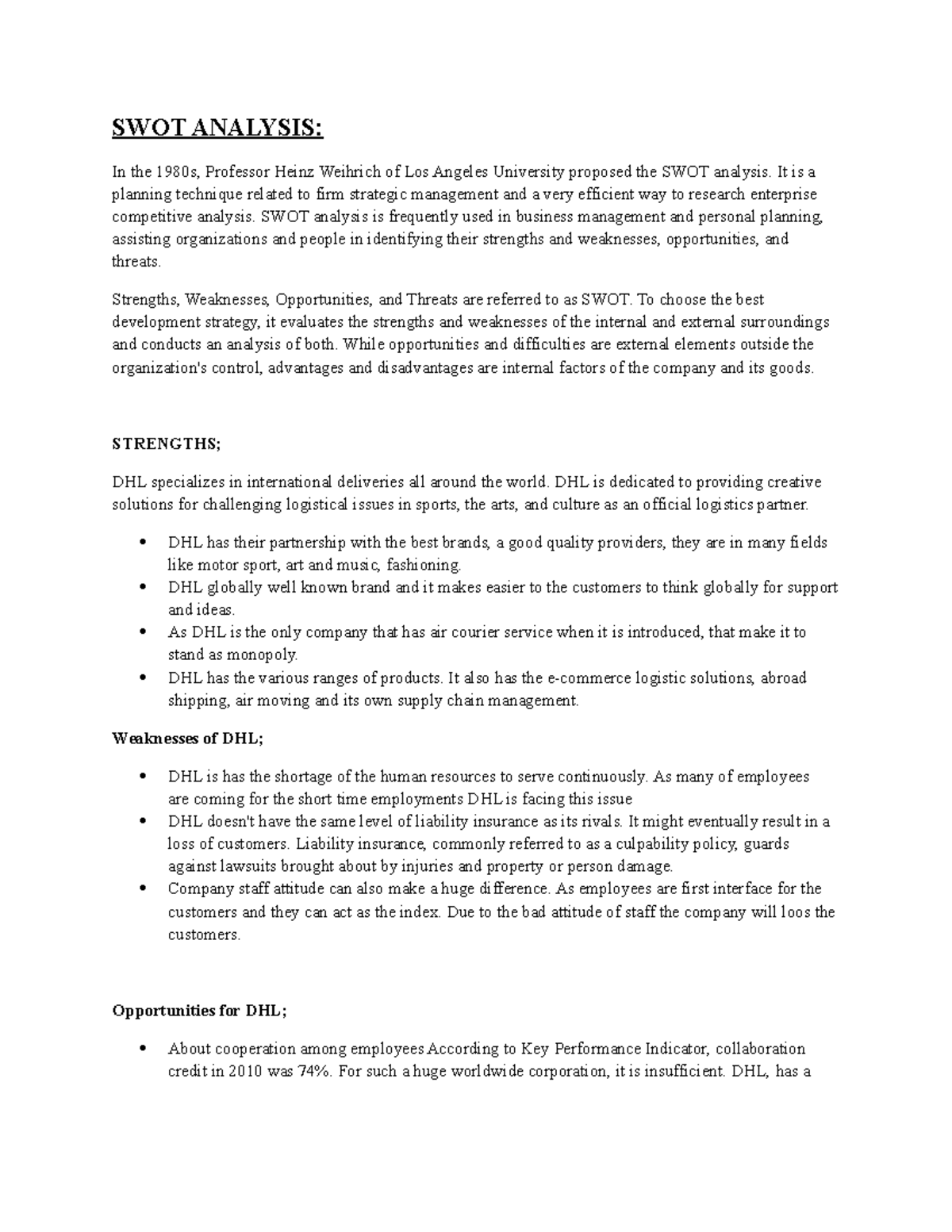 SWOT Analysis of DHL: Comprehensive Lecture Notes (Course Code: 8 ...