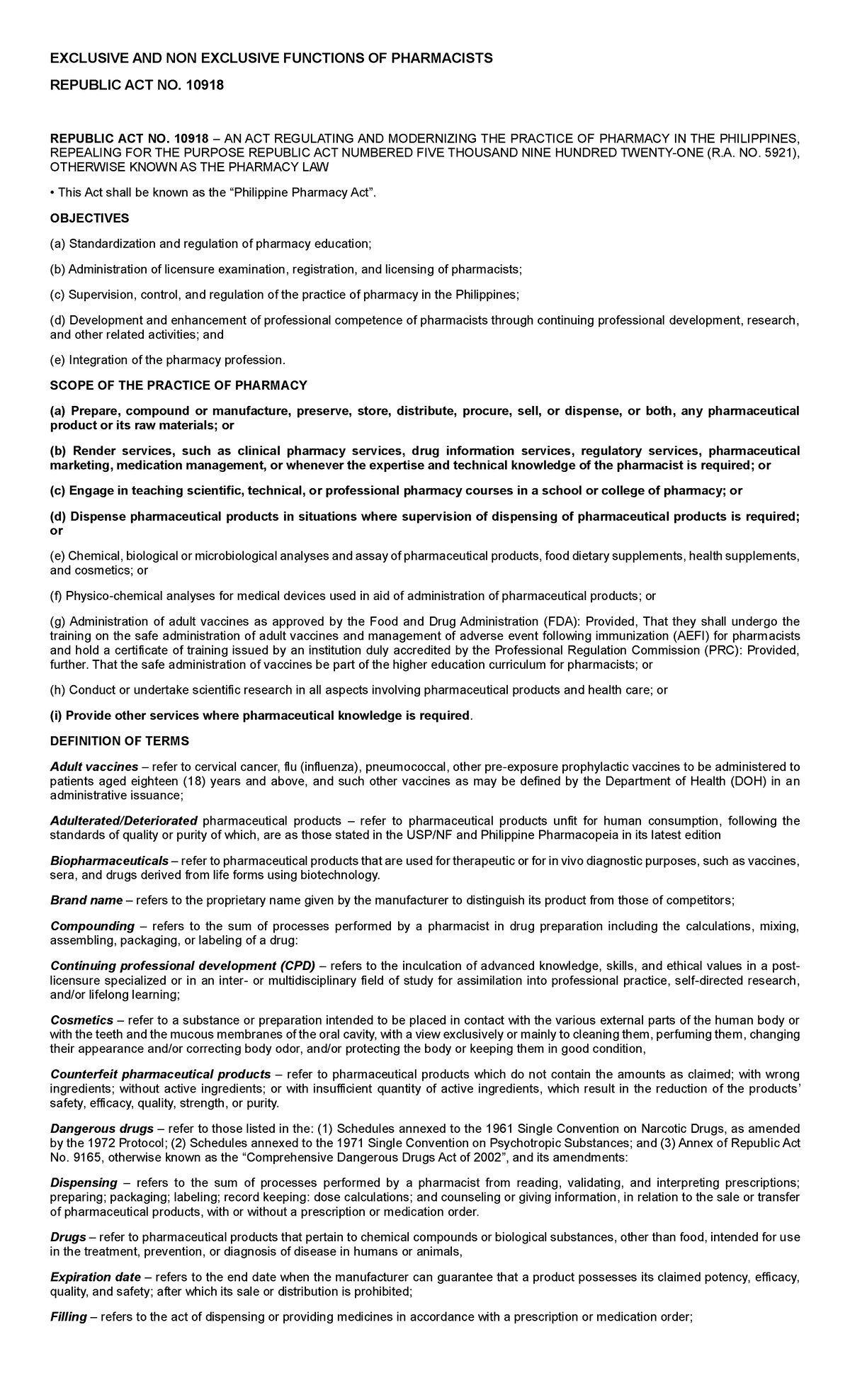 Exclusive and Non-Exclusive Functions of Pharmacists: RA No. 10918 Overview - Studocu