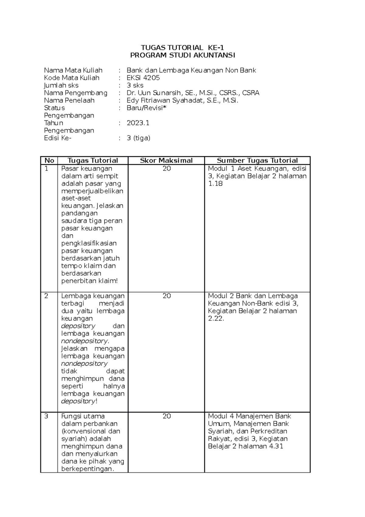 Tugas Tutorial 1 EKSI4205: Bank dan Lembaga Keuangan Non-Bank - Studocu