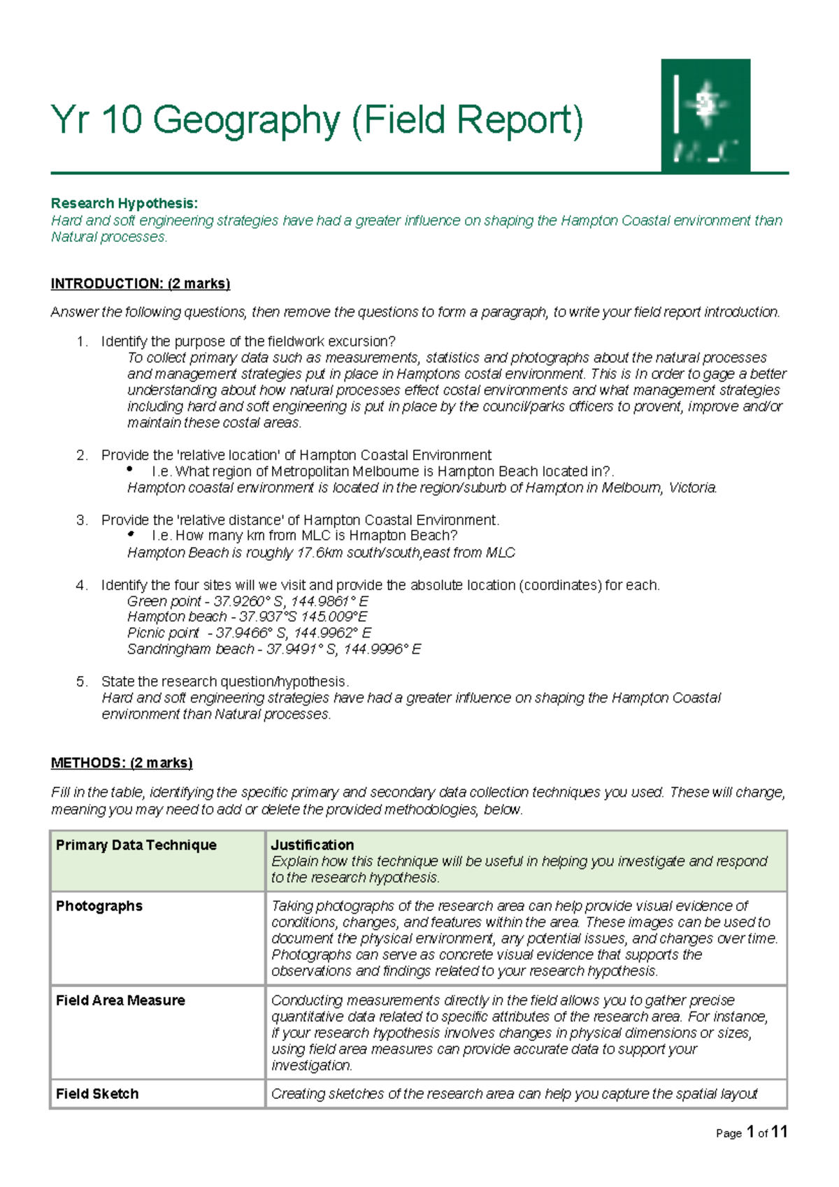 Y10 Geography Field Report - Yr 10 Geography (Field Report) Research ...