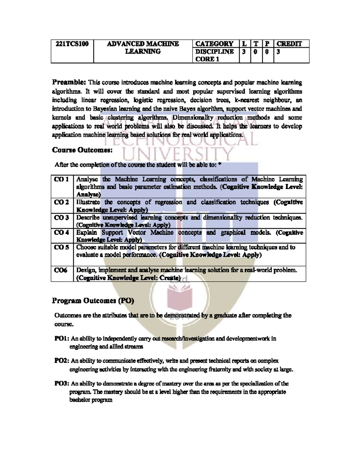 221TCS100 Advanced Machine Learning Course Syllabus and Outcomes - Studocu