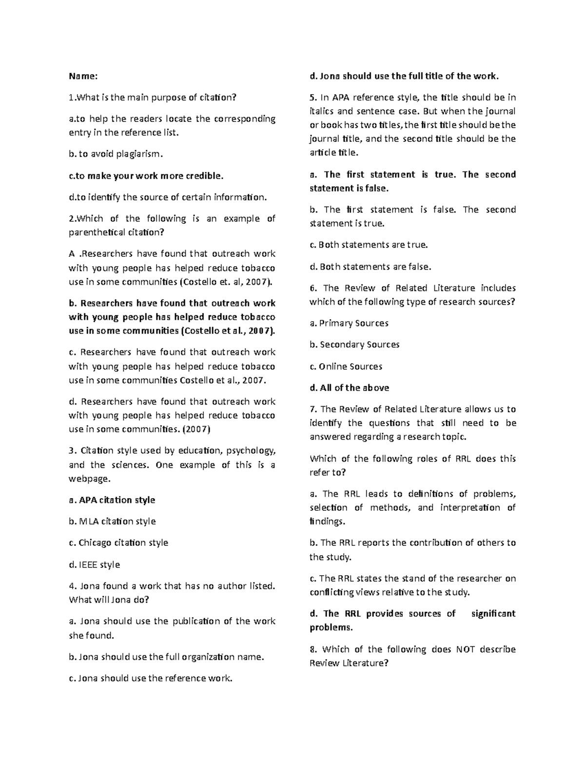 Quiz 101: Understanding Citation and Research Fundamentals - Studocu