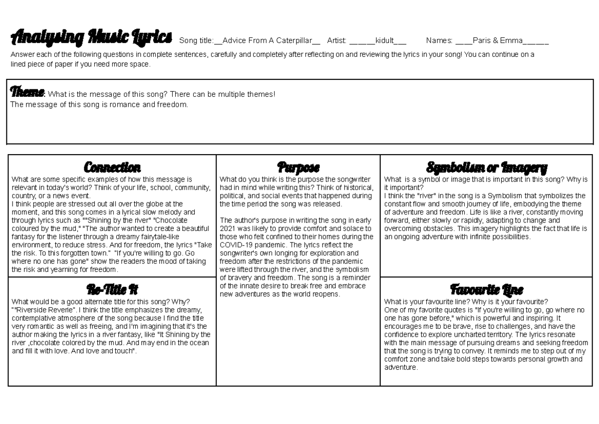 1.21 ENG4U Analyzing Music Lyrics - Analysin Musi Lyric Song title ...