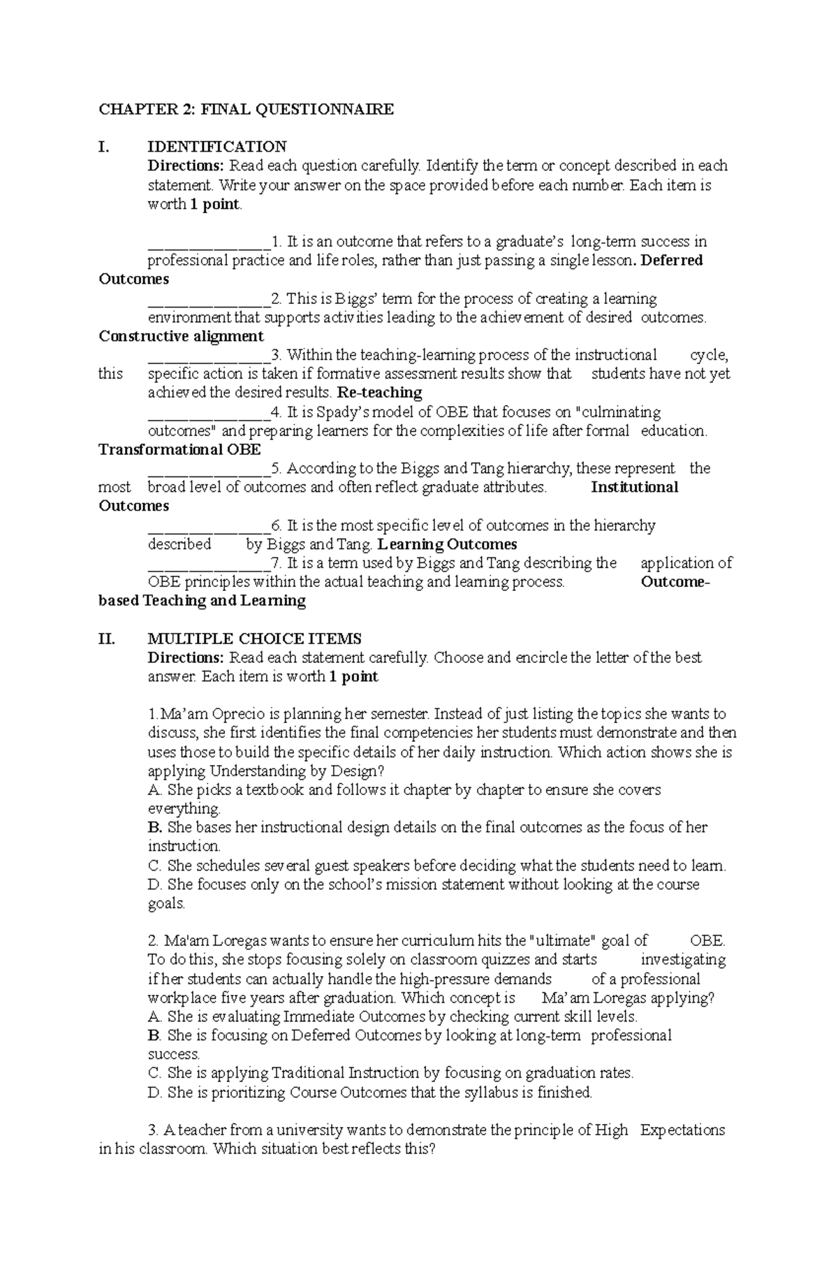 CHAPTER 2: FINAL QUESTIONNAIRE & TOS on OBE Principles - Studocu