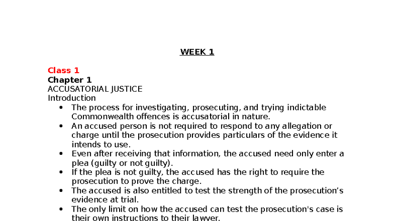 WEEK 1 - Detailed Reading Notes on ACCUSATORIAL JUSTICE - Studocu