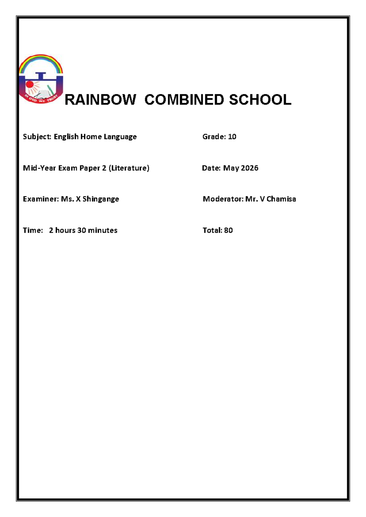 Grade 10 English HL Exam Paper 2 (Literature) - May 2026 - Studocu
