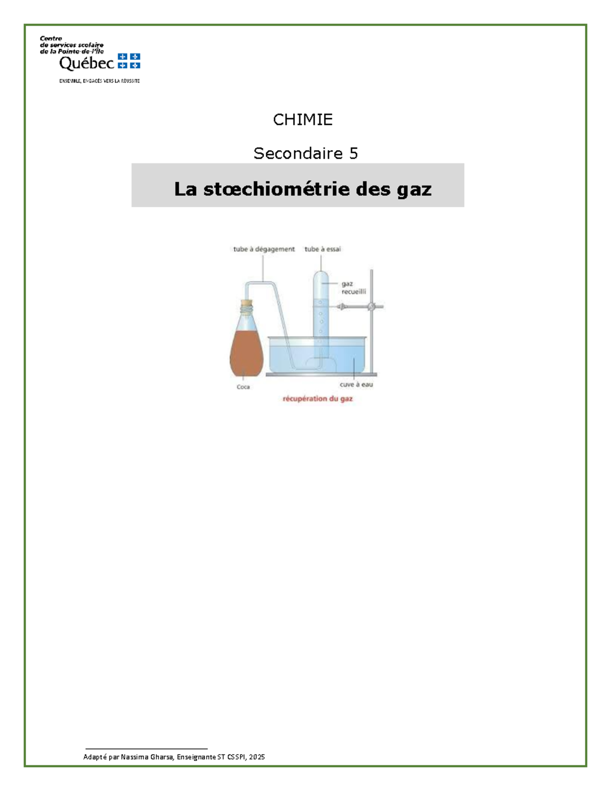 CHIMIE Secondaire 5 - Stœchiométrie des Gaz en Laboratoire - Studocu