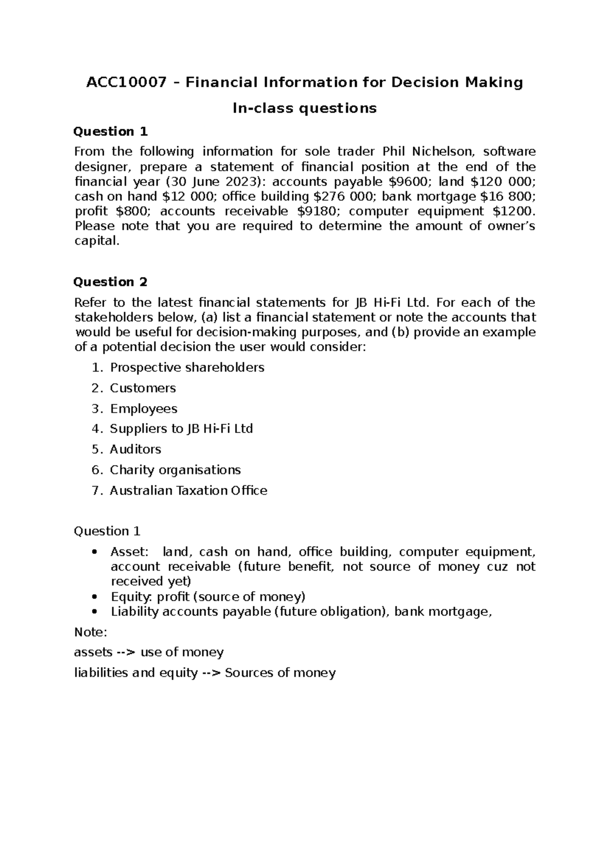 ACC10007 - Week 1 - Tutorial questions - ACC10007 – Financial ...
