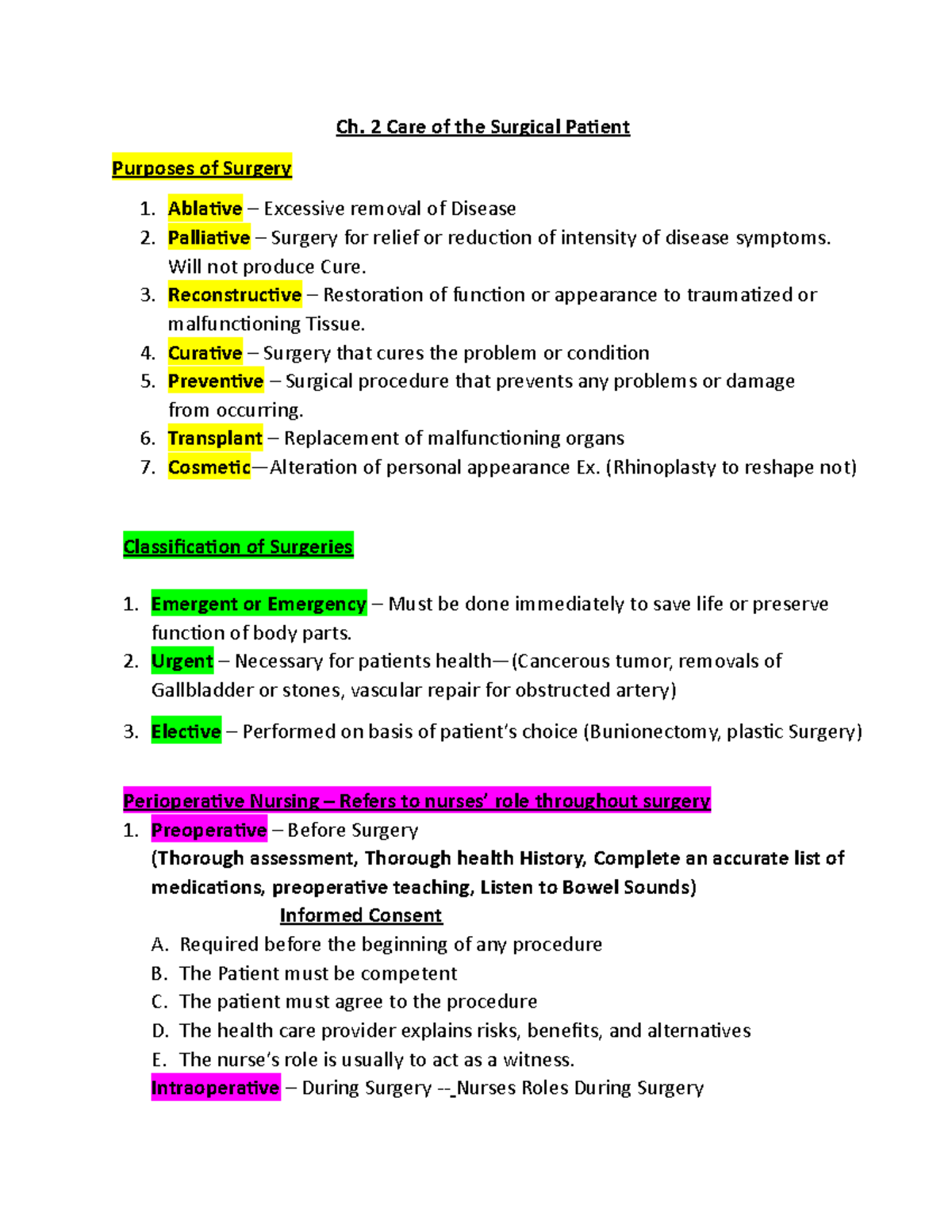 Med Surg - Study Material - Ch. 2 Care of the Surgical Patient Purposes ...
