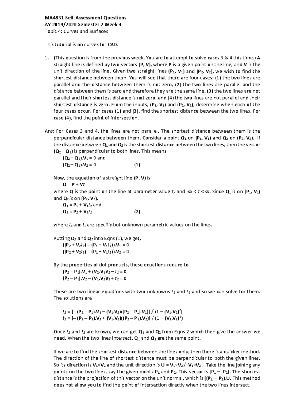 MA4831 SAQ Week 4 Solutions - Curves and Surfaces Analysis - Studocu