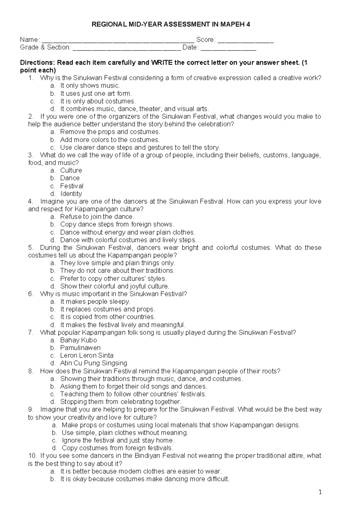 RMYA- Grade 4 - MAPEH Regional Assessment on Festivals and Culture ...