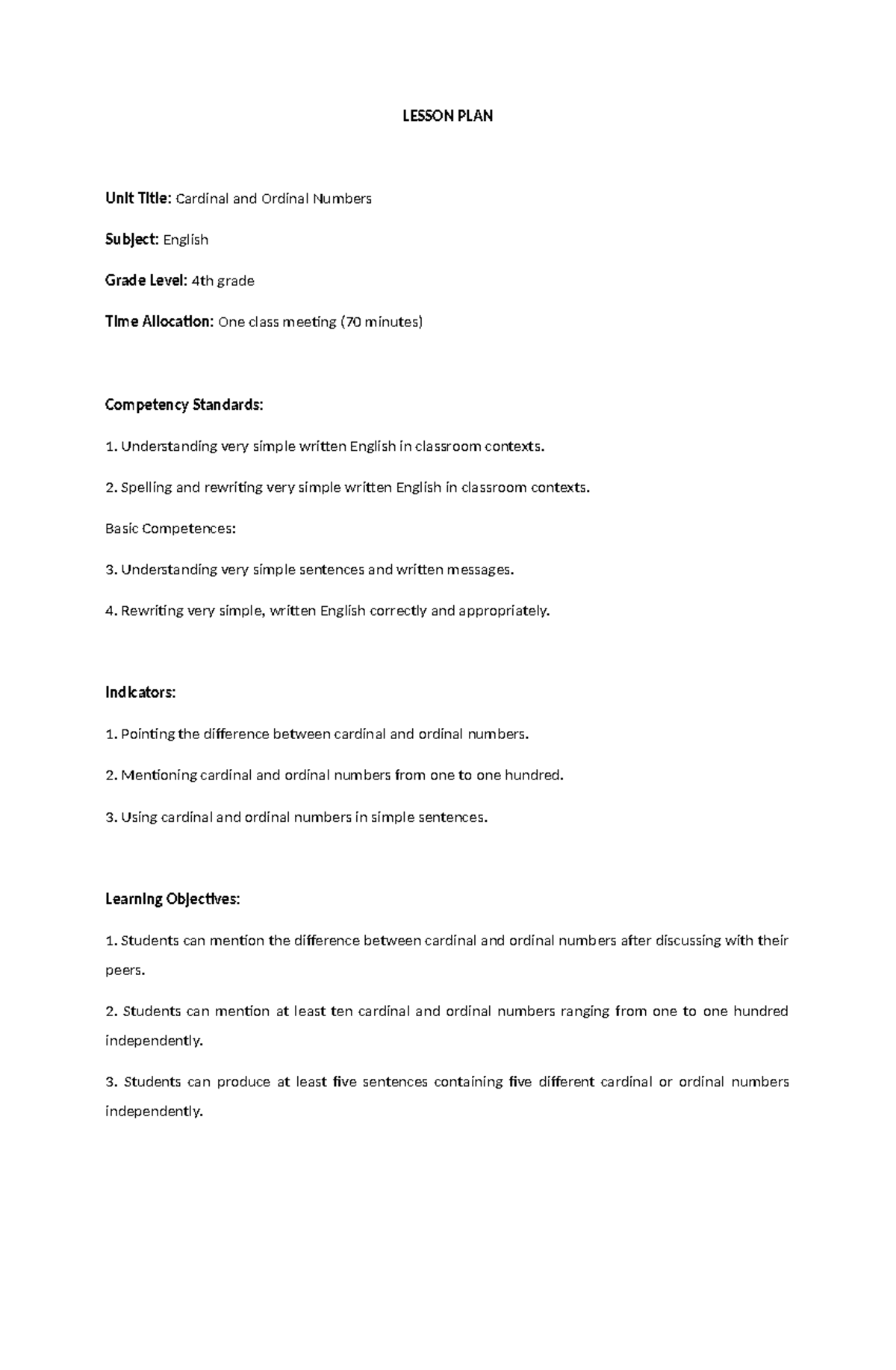 Lesson Plan: Cardinal and Ordinal Numbers for 4th Grade - Studocu