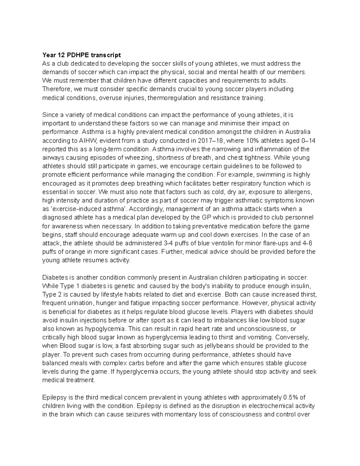 HSC PDHPE Sports Medicine: Managing Health in Young Soccer Players ...