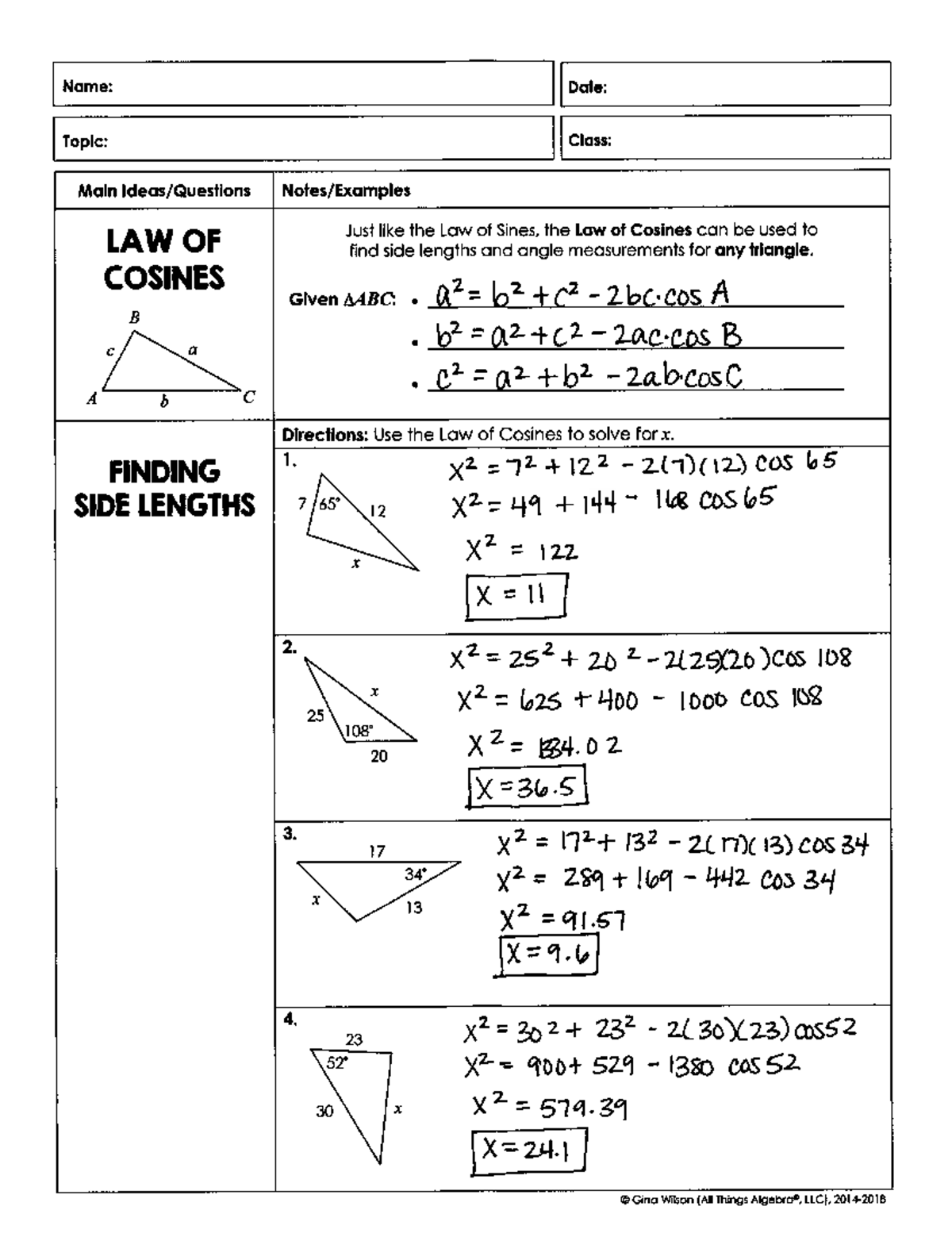 Law Of Cosines Worksheet
