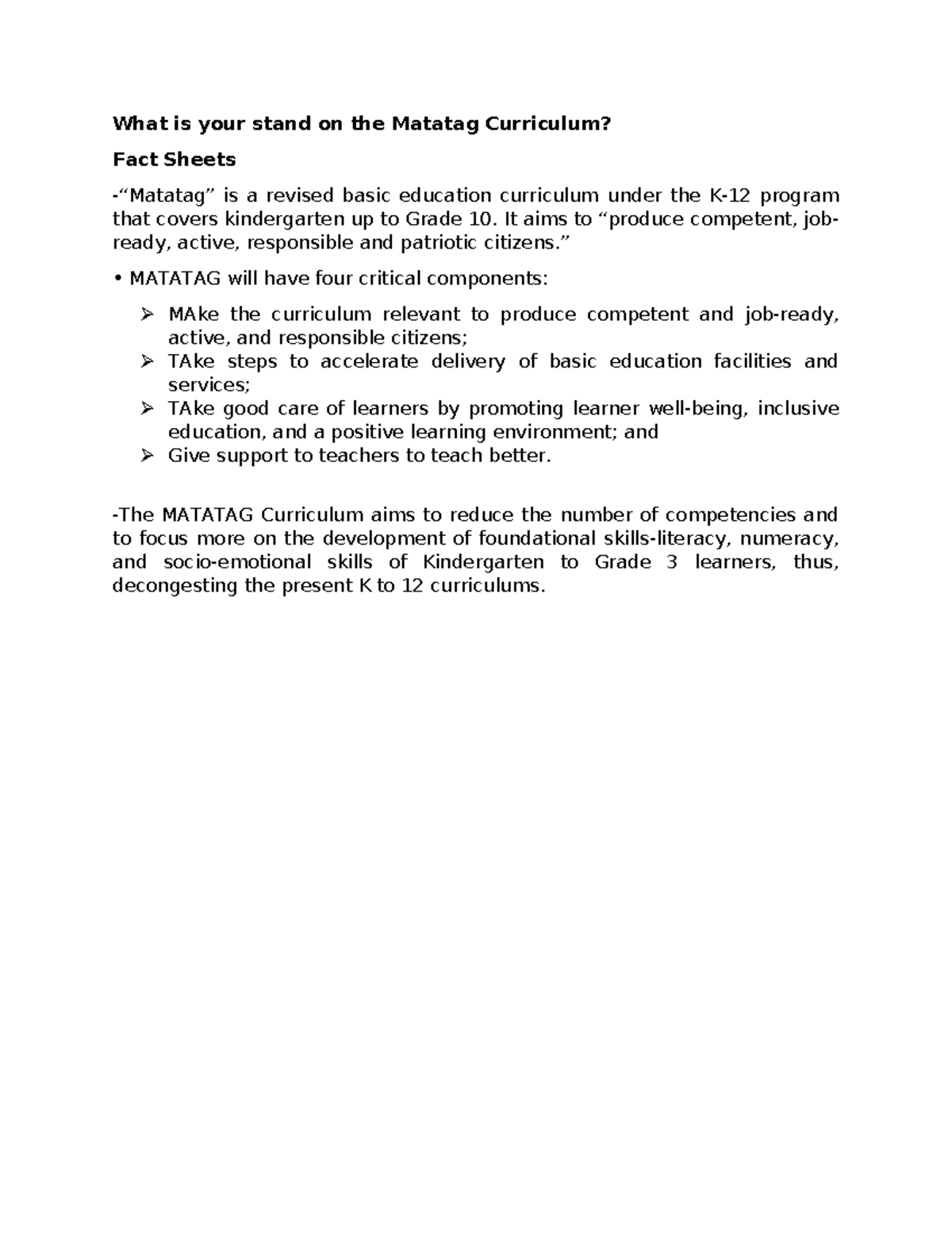 MATATAG Curriculum Overview: Key Components & Goals for K-10 - Studocu