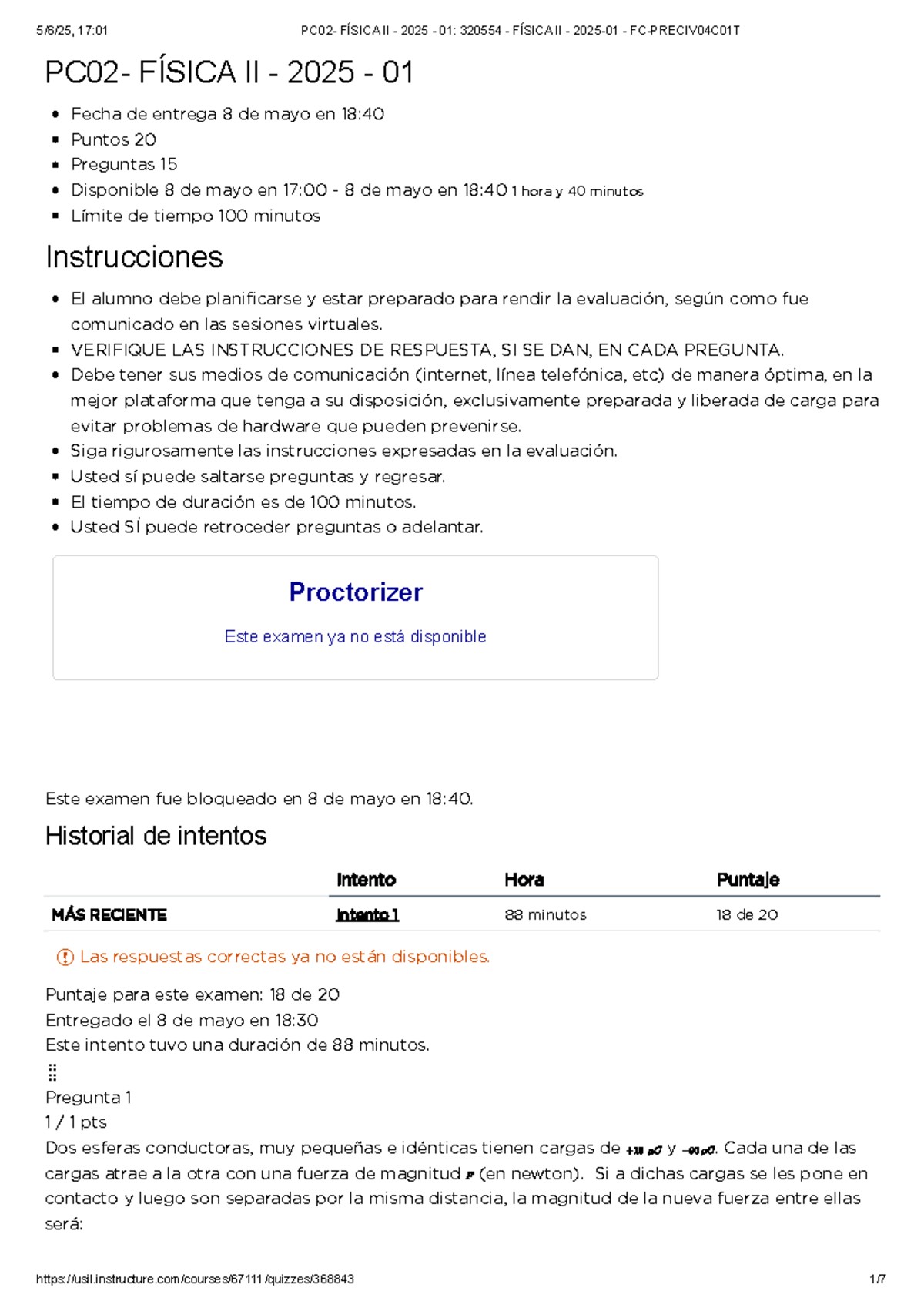 PC02 - Examen Final de Física II 2025 01: 320554 - Instrucciones y ...