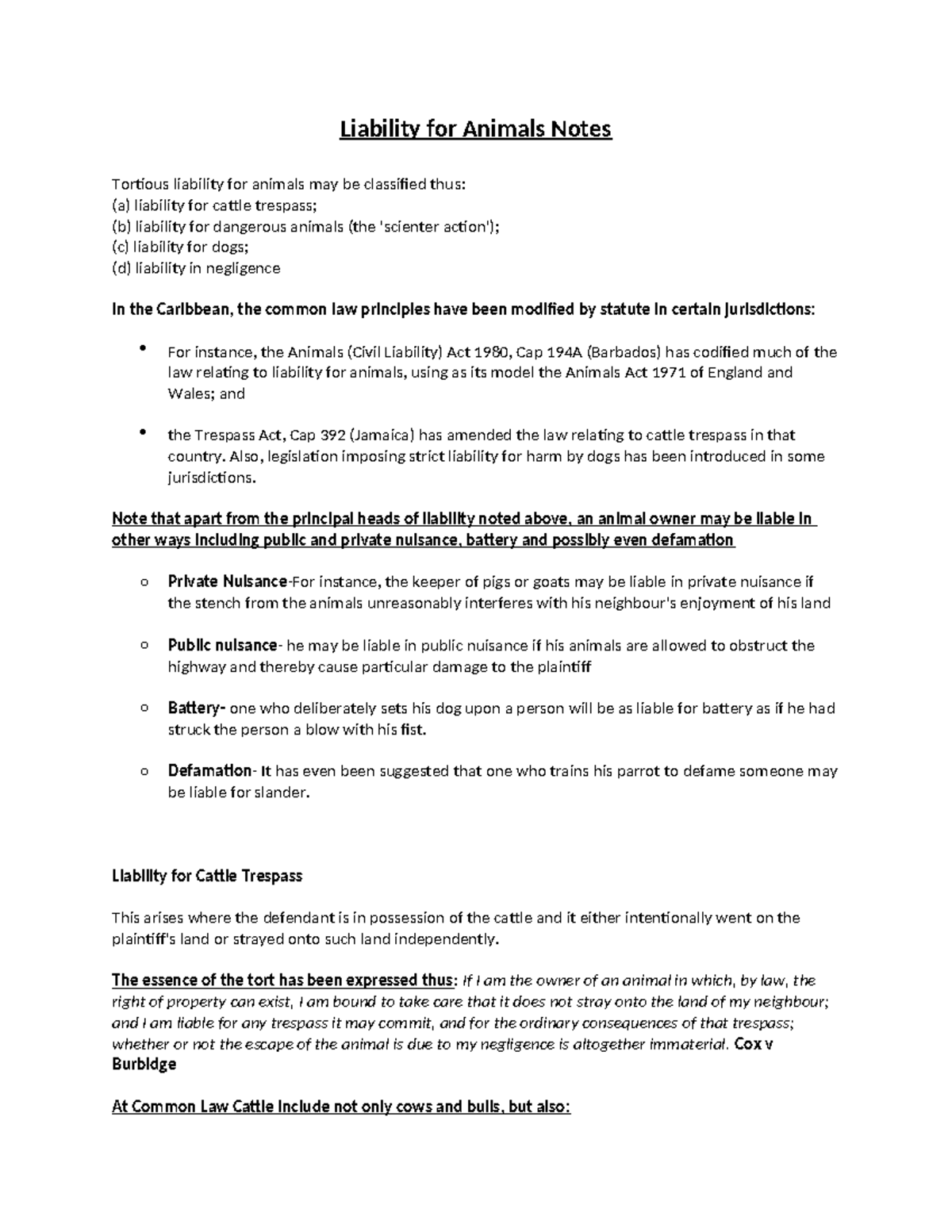 Liability for Animals: Tort Law Notes (Caribbean Jurisdictions) - Studocu