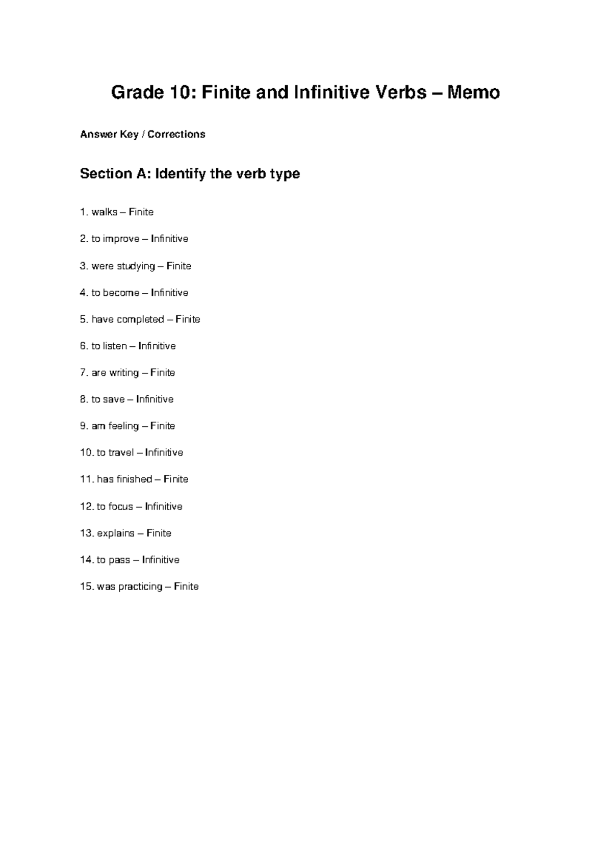 Grade 10: Finite and Infinitive Verbs Memo Answer Key - Studocu