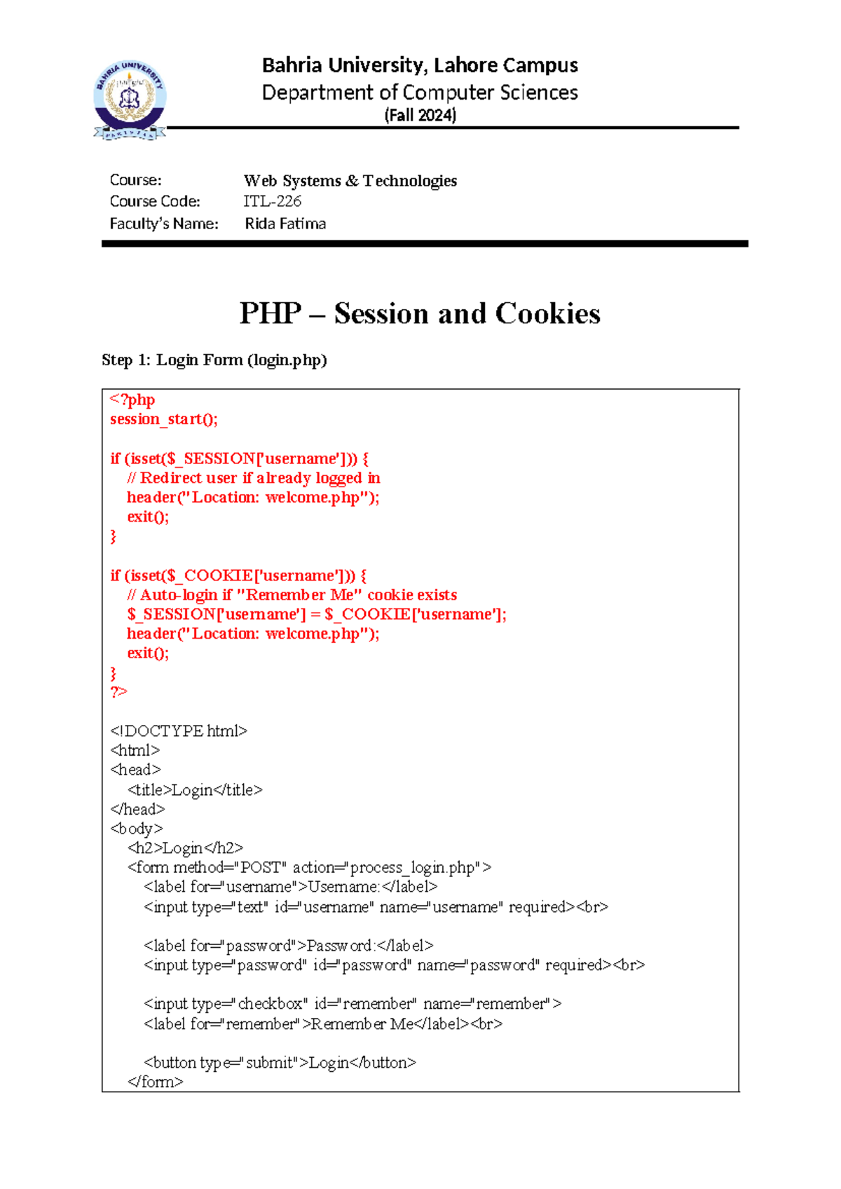 Bahria University CS (Fall 2024) Lecture 15: PHP Sessions & Cookies - Studocu