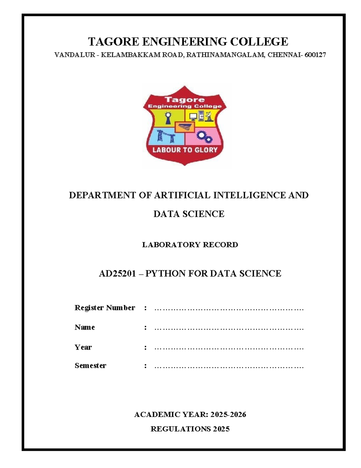 AD25201 Python for Data Science Lab Record - TAGORE ENGINEERING COLLEGE ...