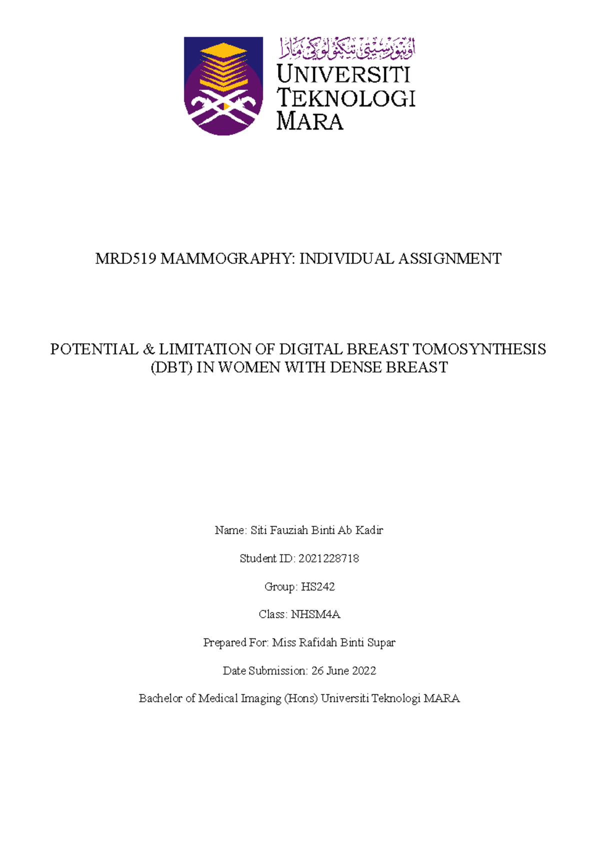 MRD519 Individual Assignment: Digital Breast Tomosynthesis Overview ...