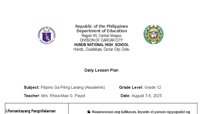 Pagsulat ng Talumpati - Daily Lesson Plan for Filipino 12 - Studocu