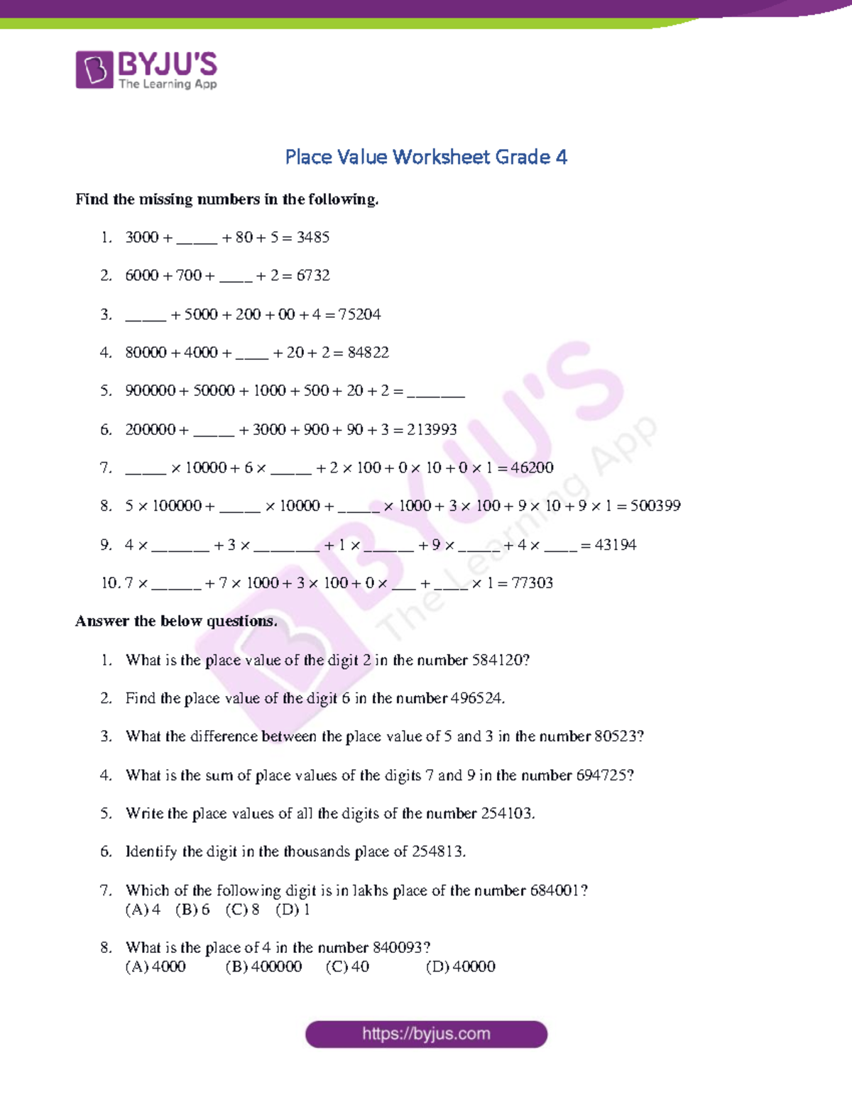 Place Value Worksheet Grade 4 - 1. 3000 + _____ + 80 + 5 = 3485 2. 6000 ...