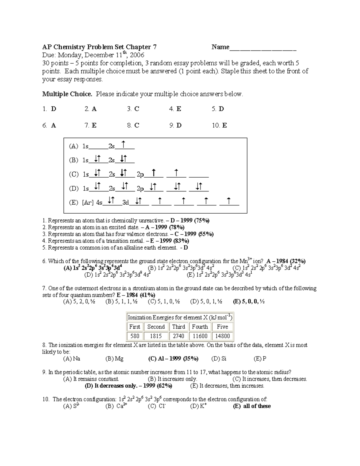 AP Chemistry Problem Set Chapter 7 - Due Dec 11, 2006 - Studocu