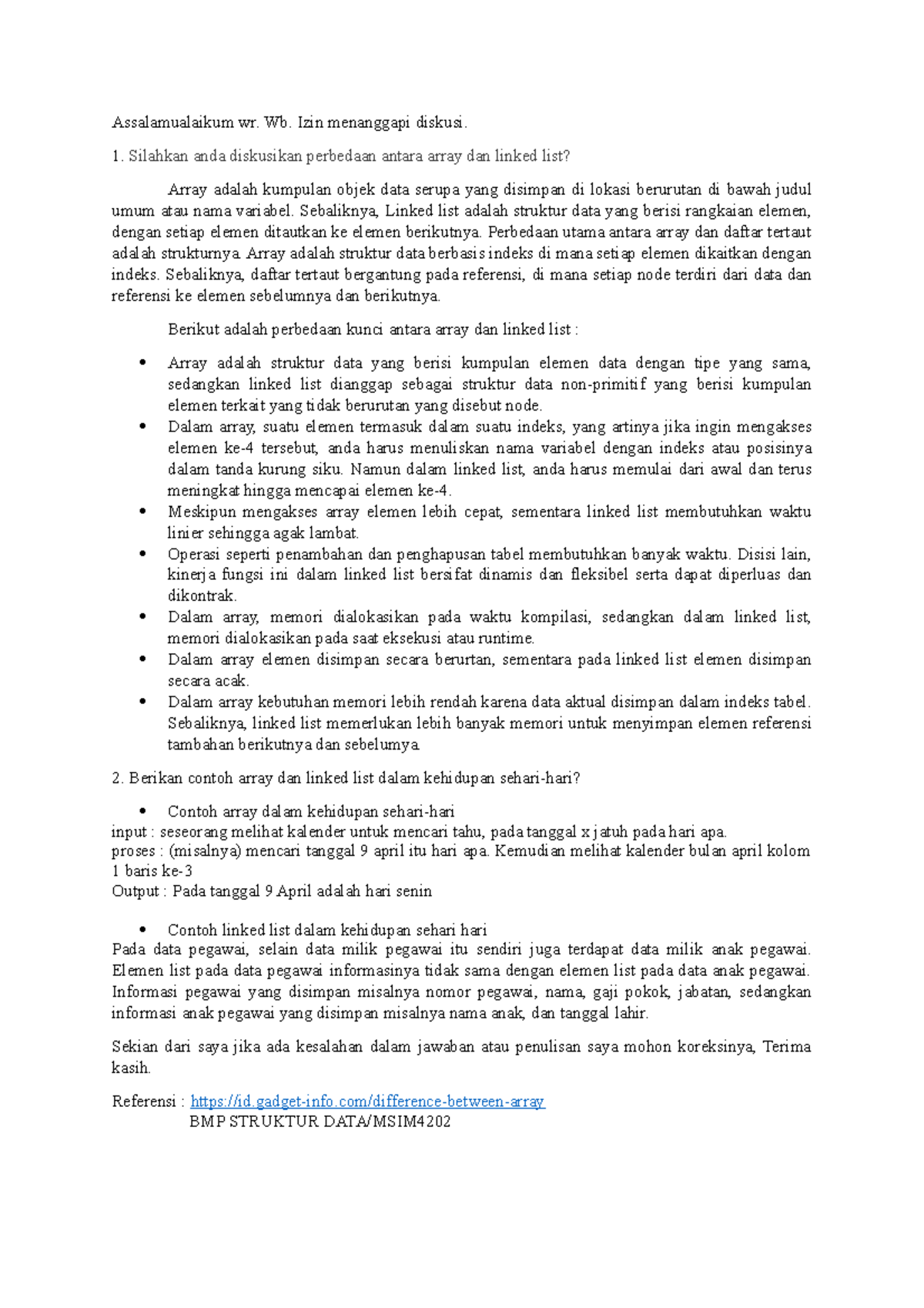 D1 Struktur DATA - Diskusi Mengenai Array dan Linked List - Studocu