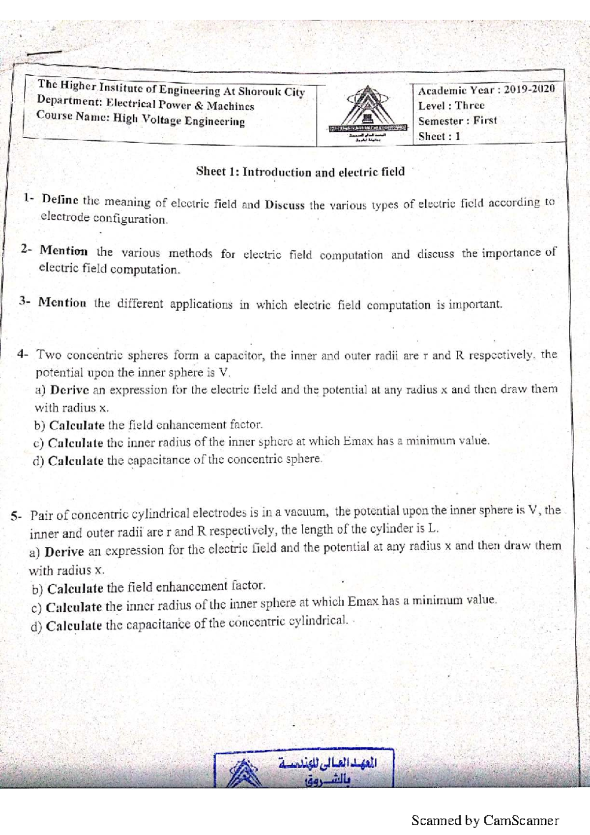 High Voltage Engineering (EE 301) Lecture Notes: Electric Fields ...