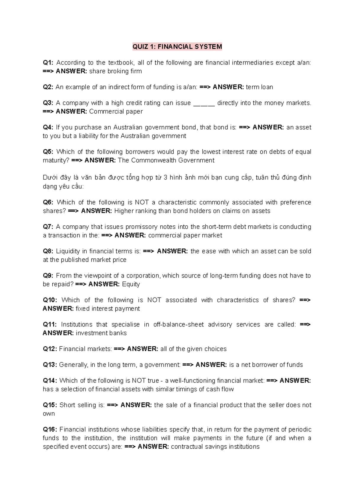 QUIZ 1-5: FINANCIAL SYSTEM & BANKING CONCEPTS - Studocu