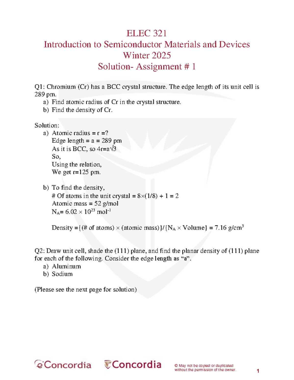 Assignment 1 Solutions - © May not be copied or duplicated without the permission of the owner ...