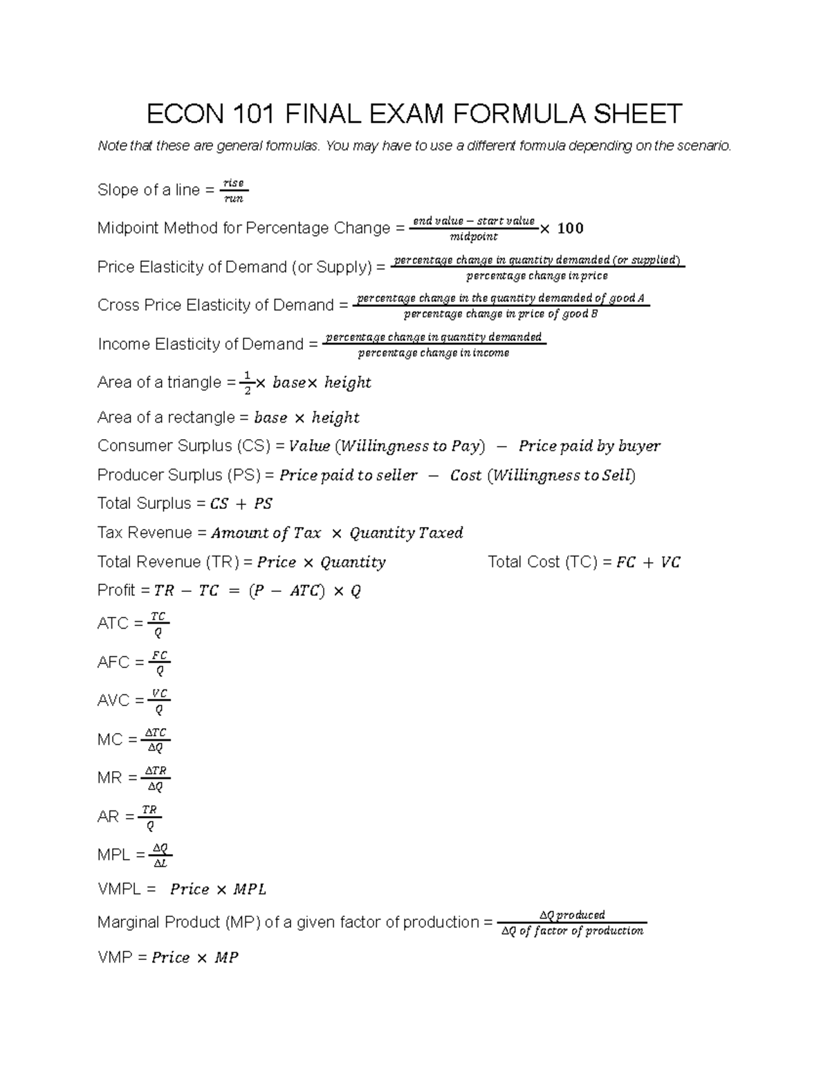 ECON 101 FINAL EXAM FORMULAS & KEY CONCEPTS - Studocu