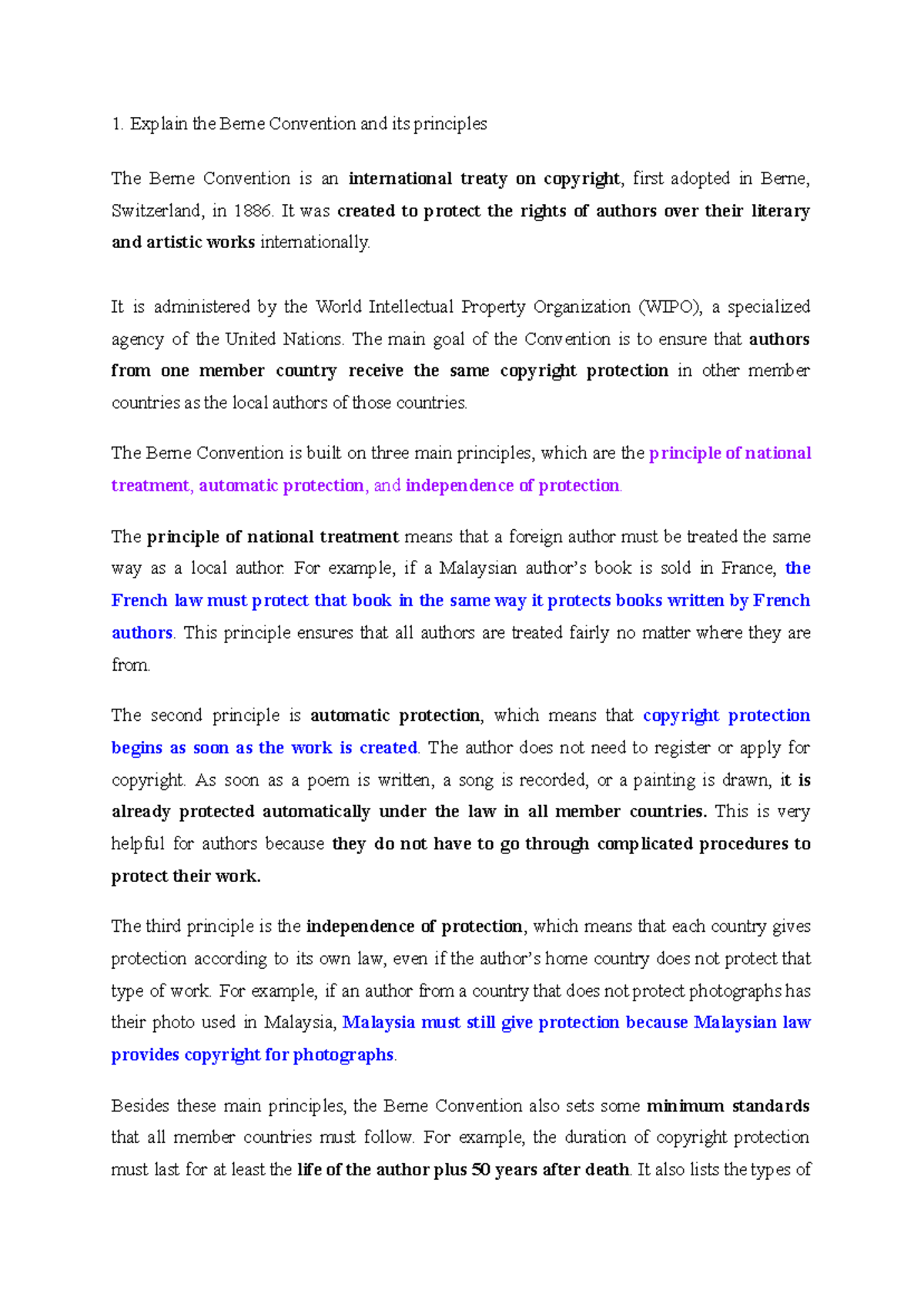 Tutorial on copyright - 1. Explain the Berne Convention and its ...