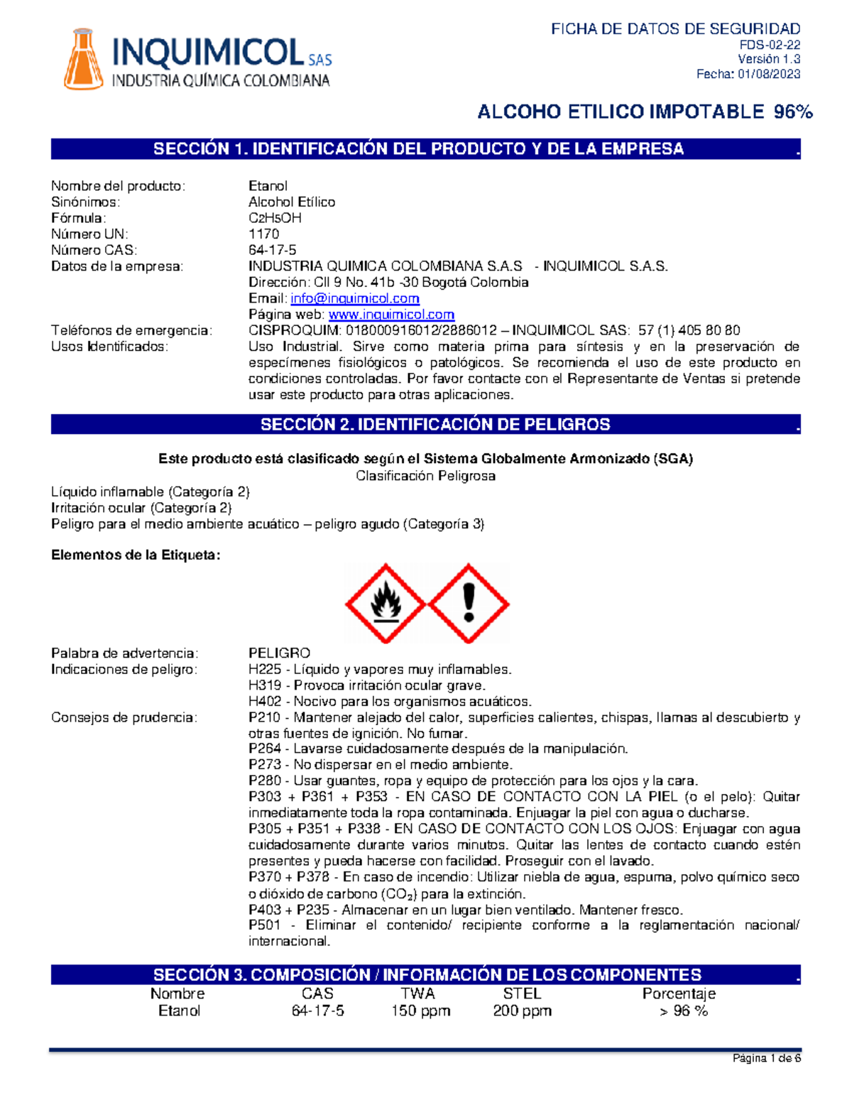 Ficha de Datos de Seguridad de Etanol 96% - MSDS-02-22 - Studocu