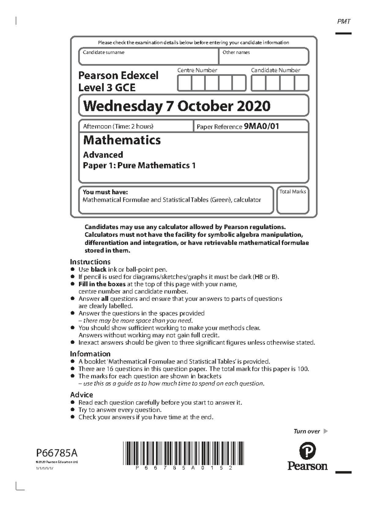 October 2020 A-Level Maths Paper 1 (QP: 9MA0) - Exam Questions ...