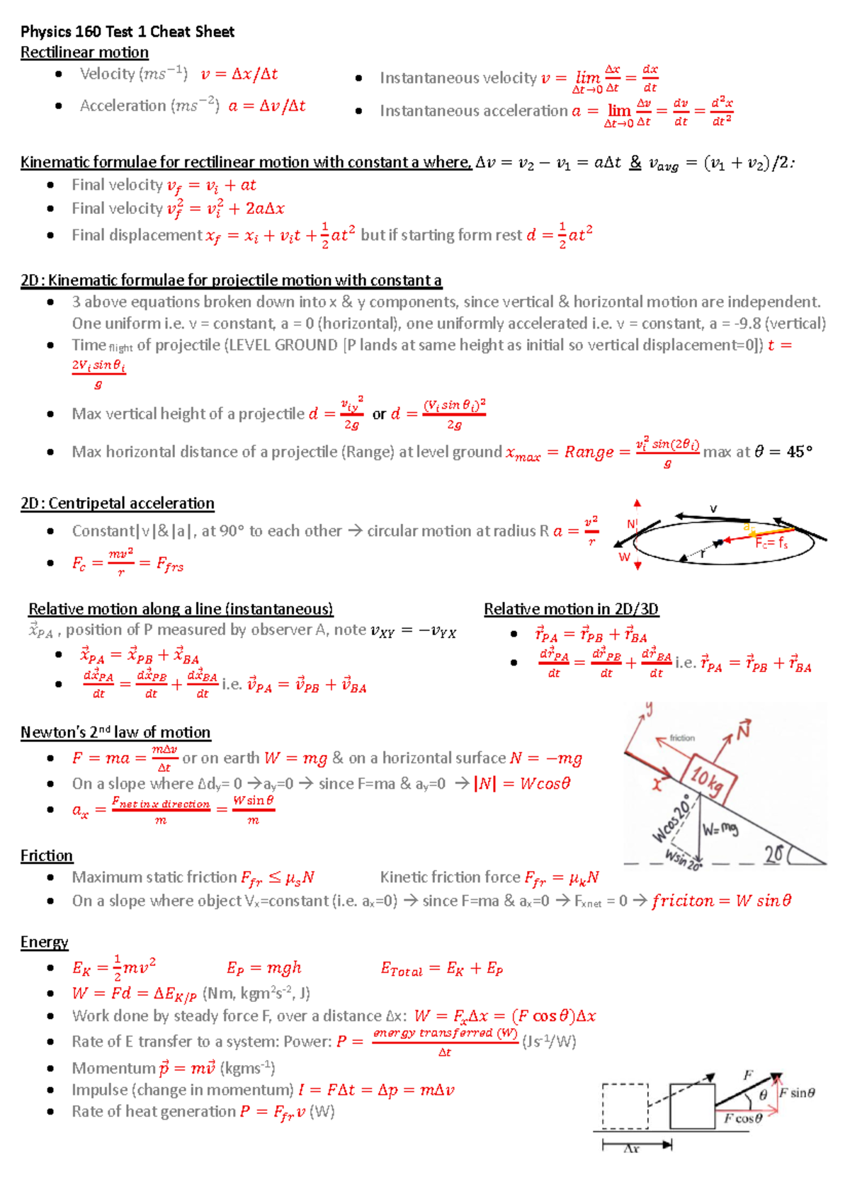 Physics 160 Midterm Test Cheat Sheet: Rectilinear Motion & Kinematics ...
