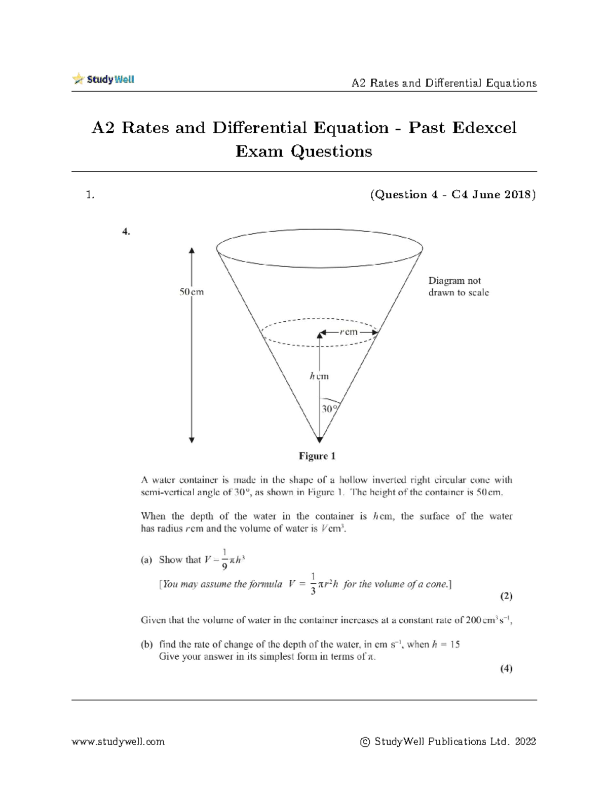 A2 Rates & Differential Equations - Past Edexcel Exam Questions - Studocu