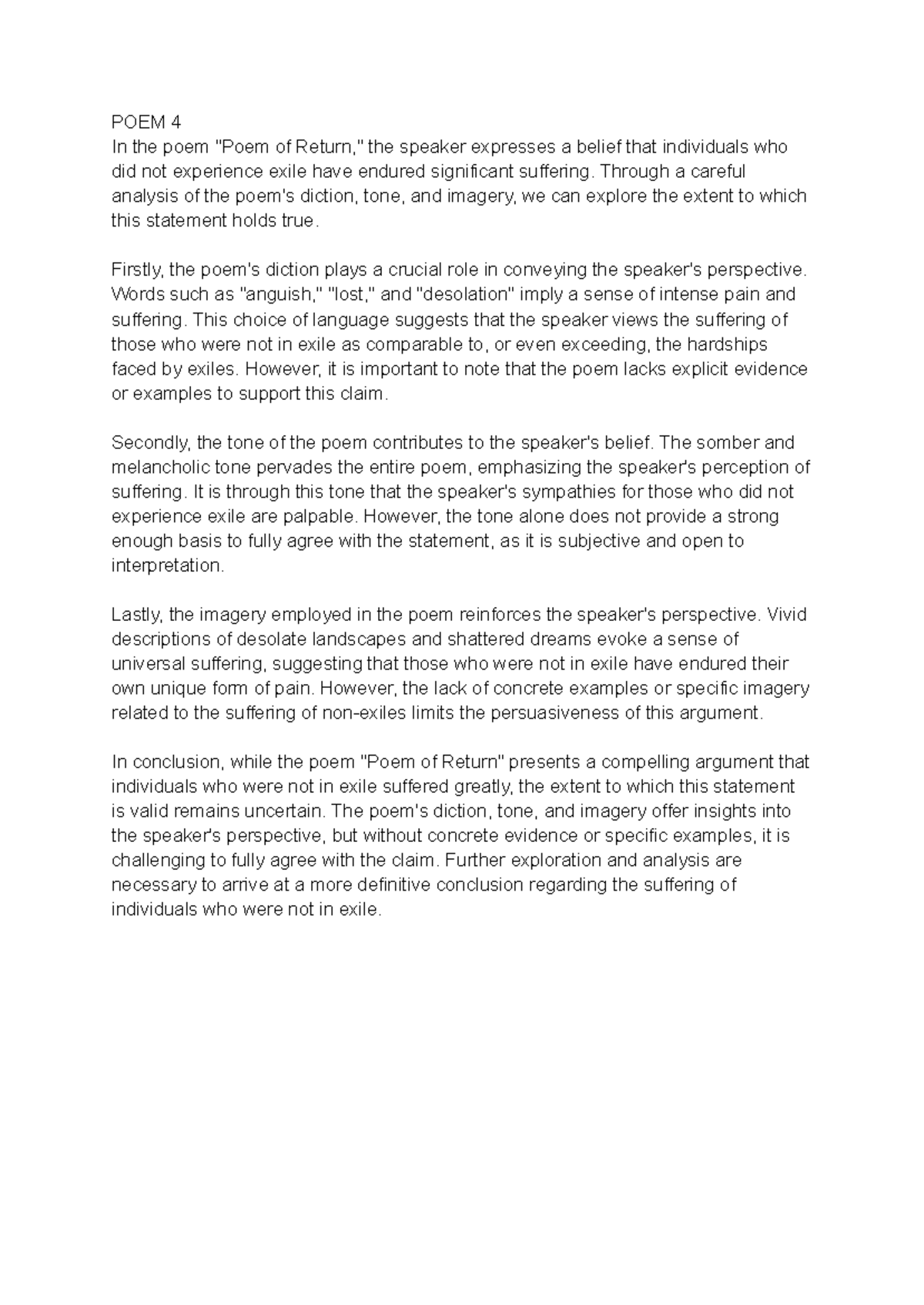 Poetry Essays - xdfcgvhbjnkml - In the poem "Poem of Return," the ...