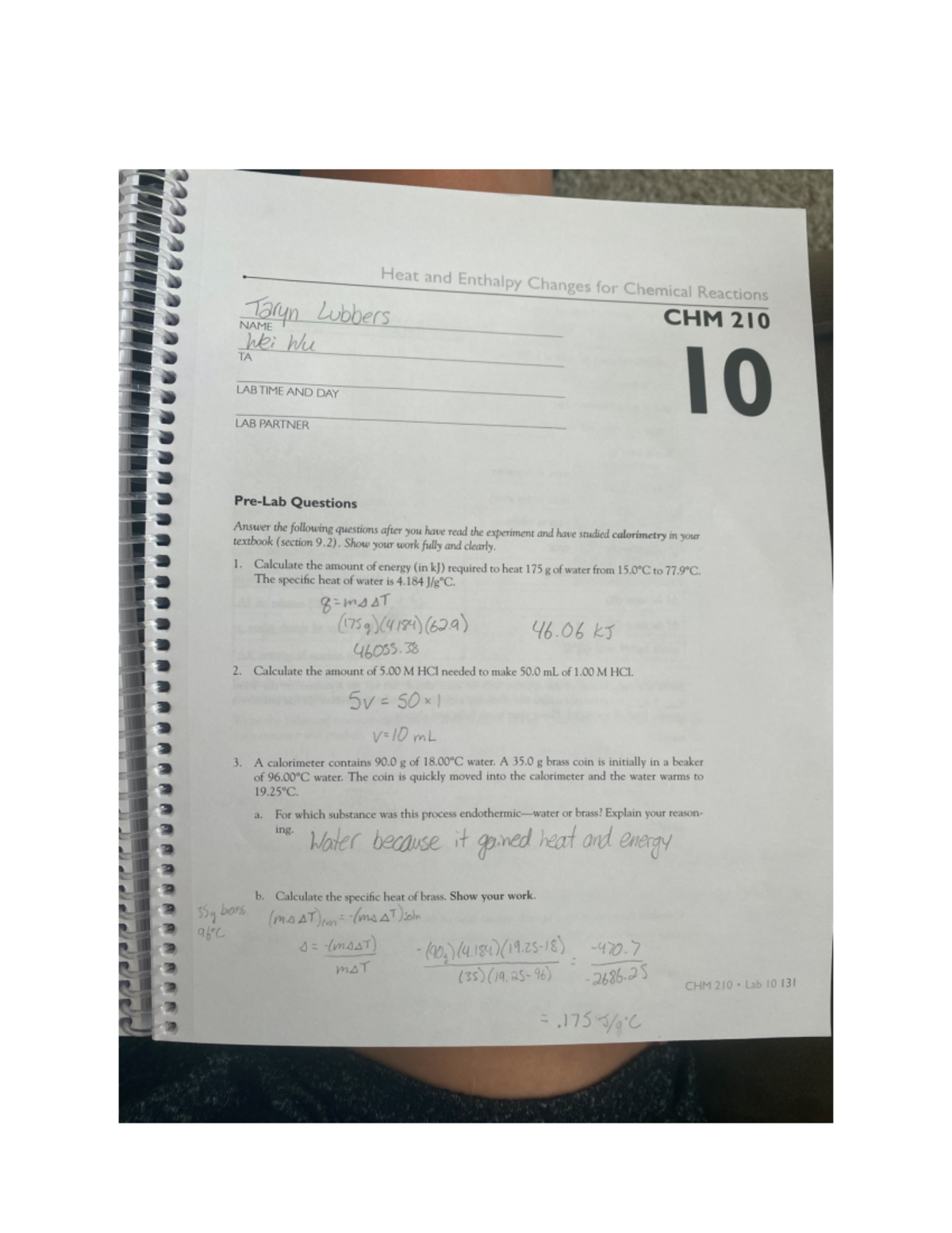 CHM 210 Lab 10 - Heat and Enthalpy Changes for Chemical Reactions ...