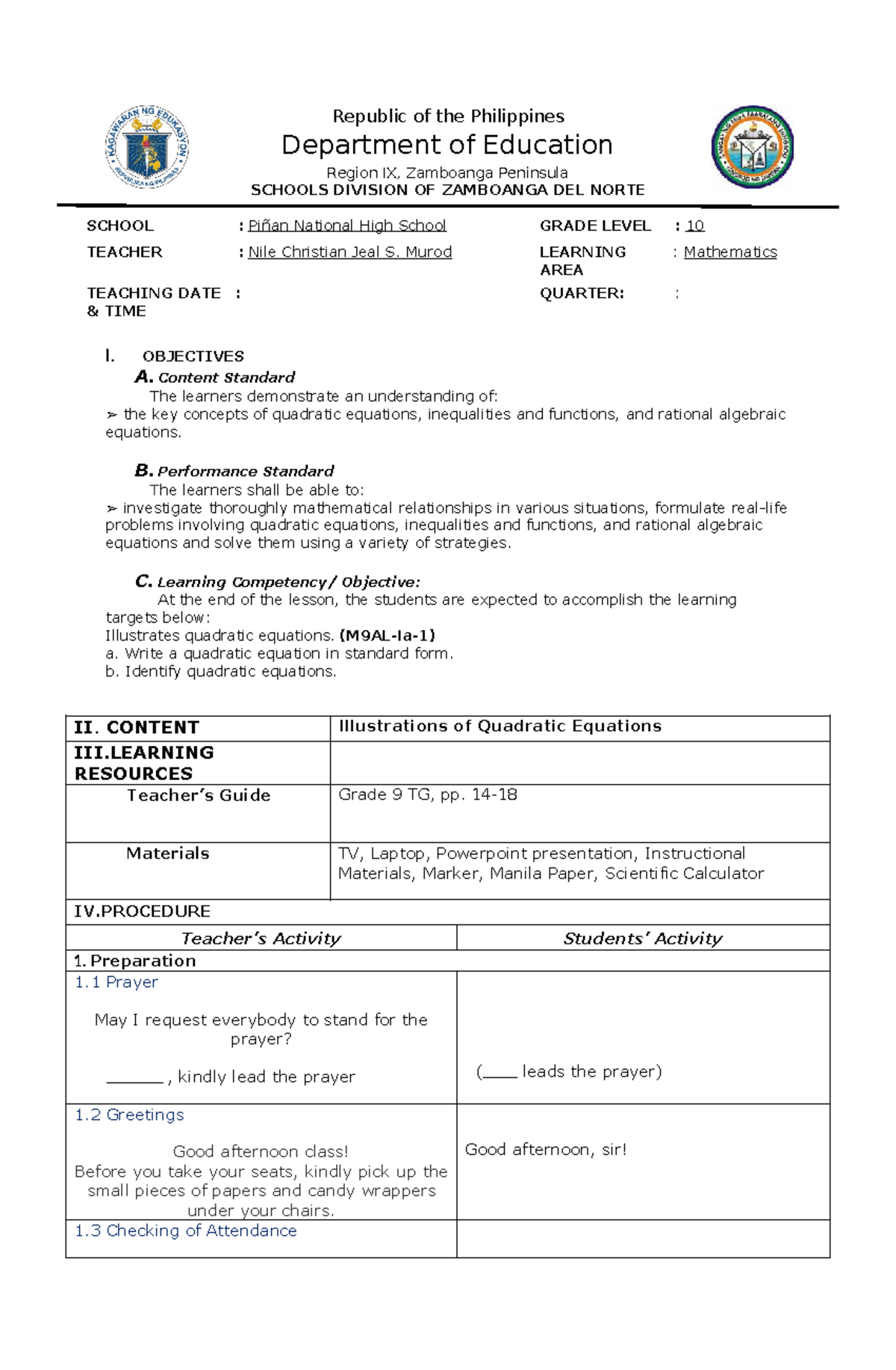 Mathematics Lesson Plan for Grade 10: Quadratic Equations & Deciles ...