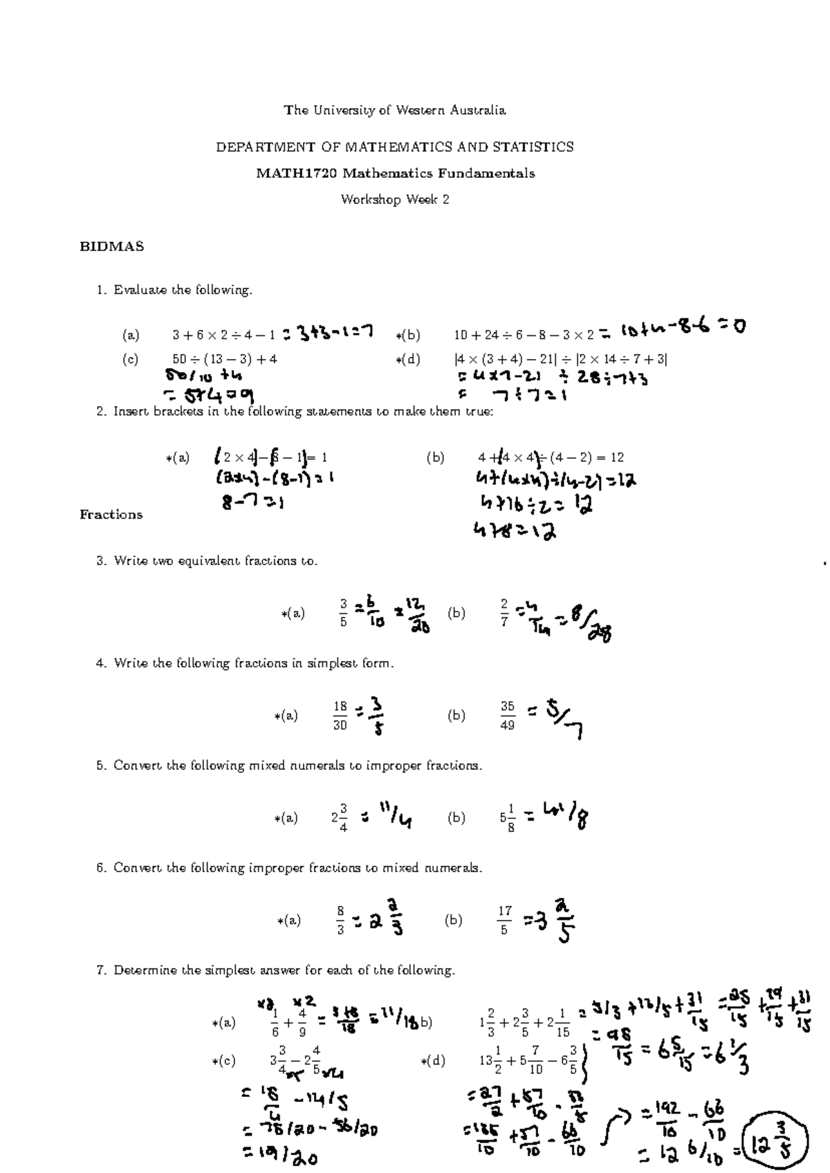 MATH1720 Week 2 Worksheet: BIDMAS & Fractions Exercises - Studocu