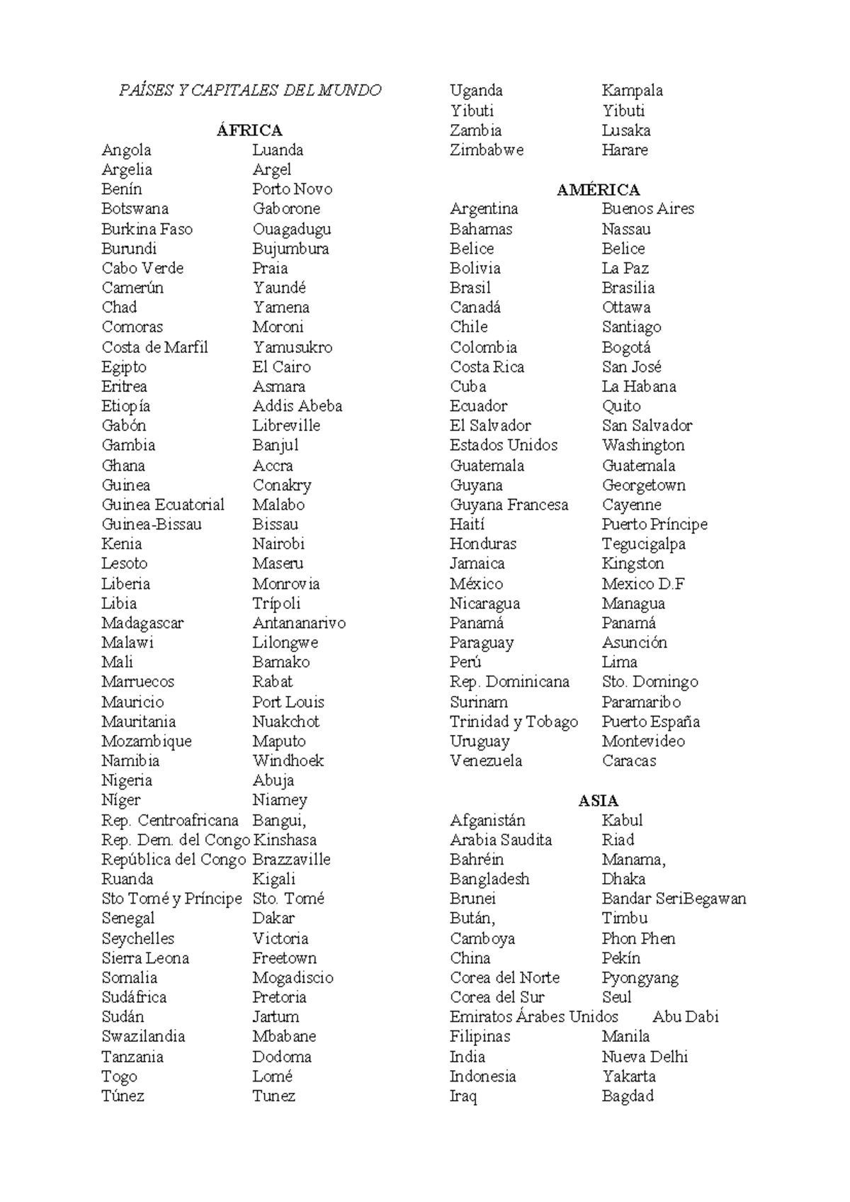 Hoja De Trabajo Sobre Las Capitales De Los Estados Unidos