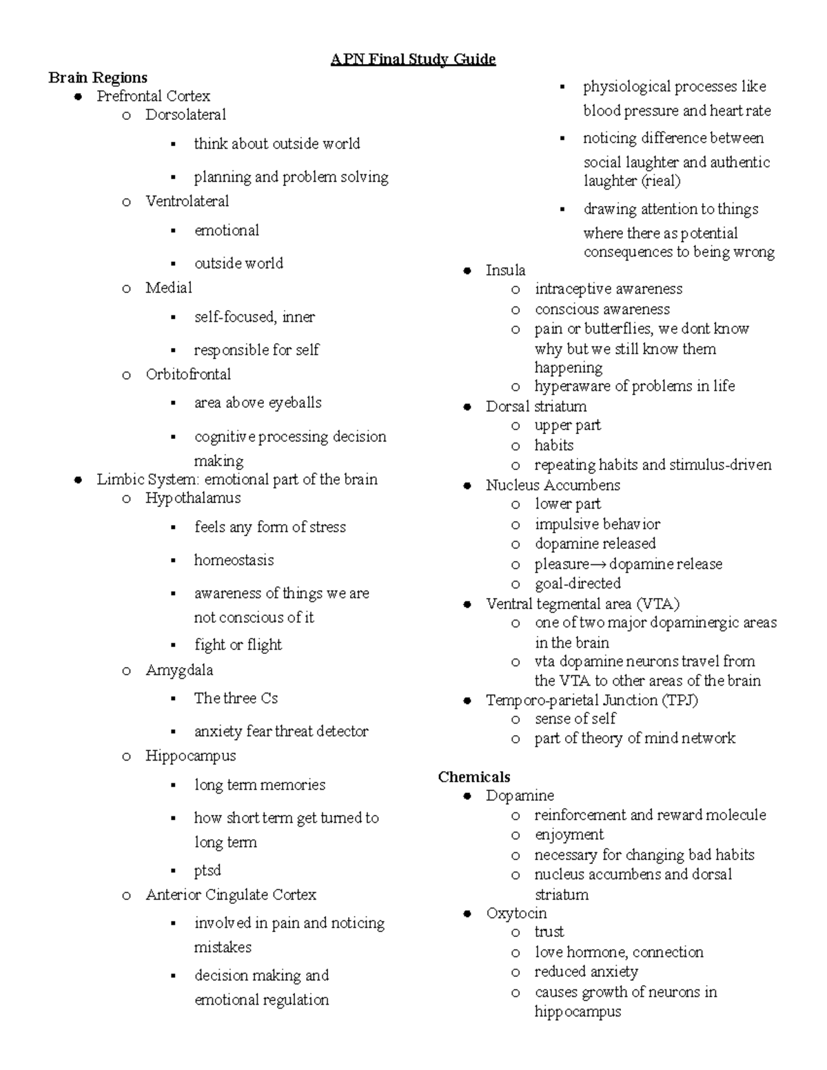 APN Final Study Guide: Brain Regions and Their Functions in Emotion and ...